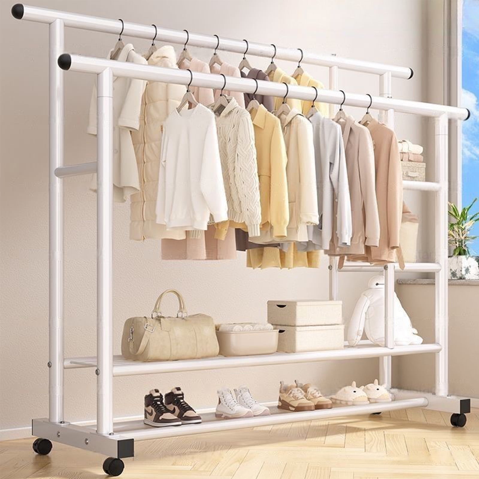 SUSUZI Double Rods Garment Rack with Wheels, 2 Tier Clothing Rack for ...