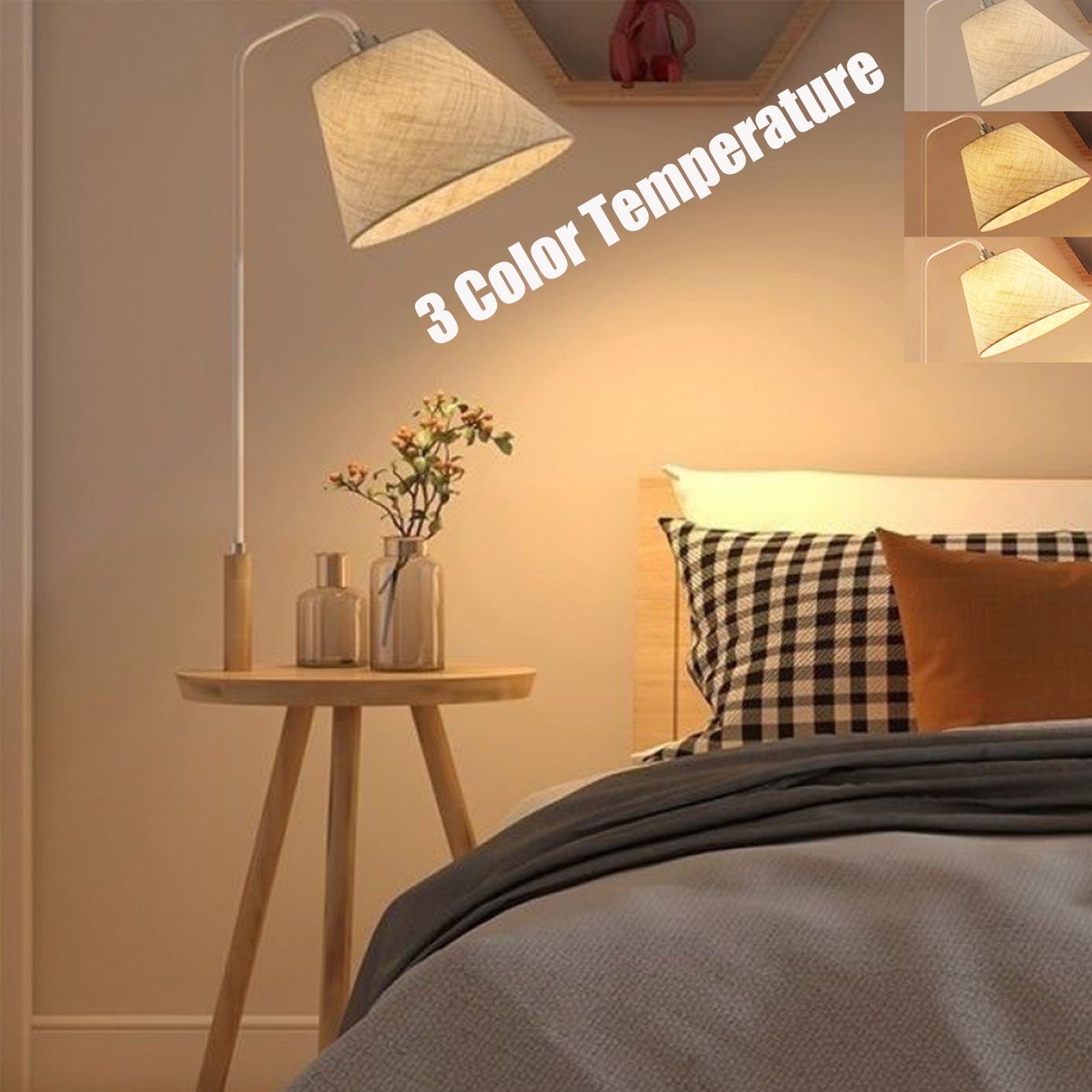 Susuzi Floor Lamp with Table 55 Inch Wooden Finish Linen Shade Space ...