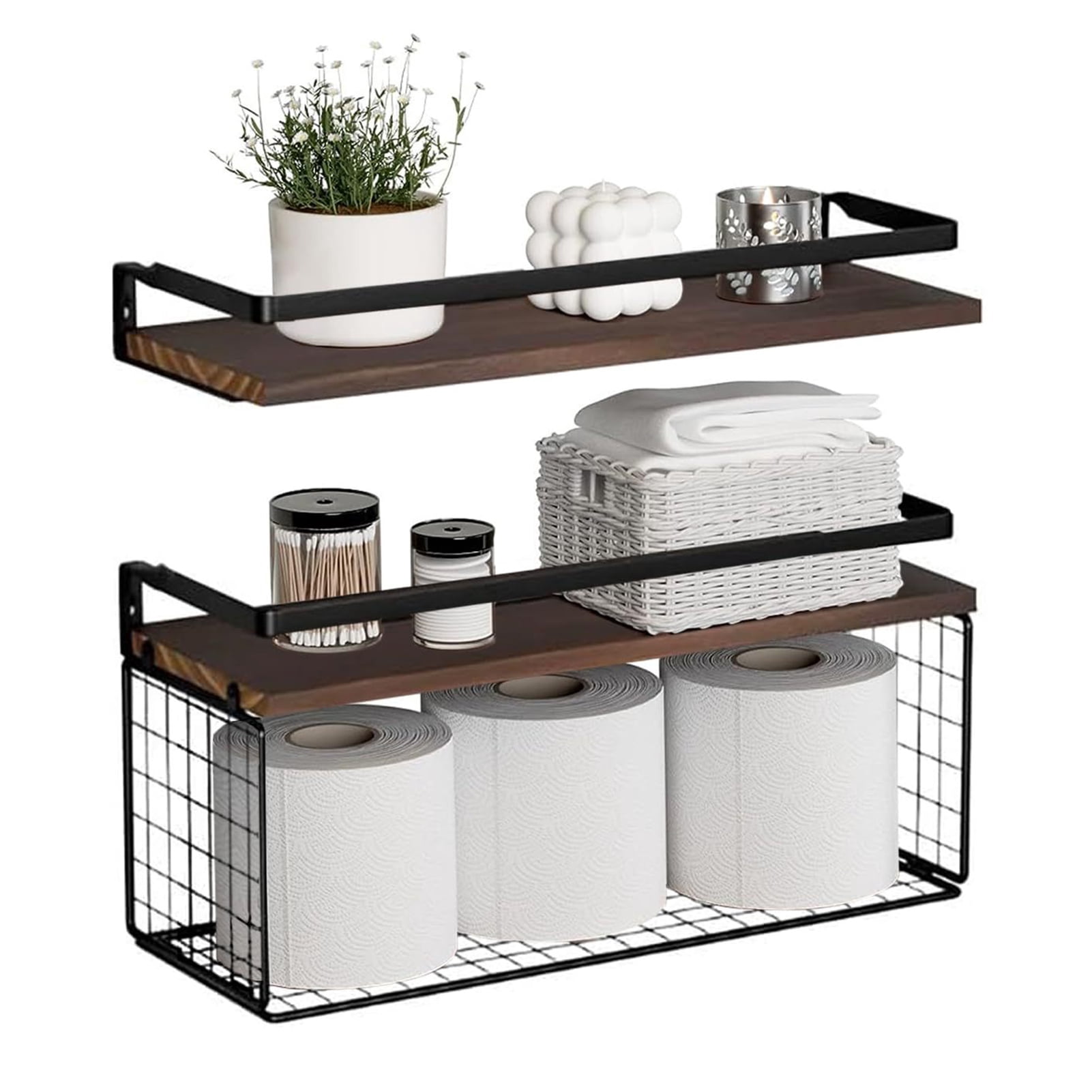 SUSUchens 2Pcs Wall Mount Wooden Floating Shelf Metal Wire Mesh Basket ...