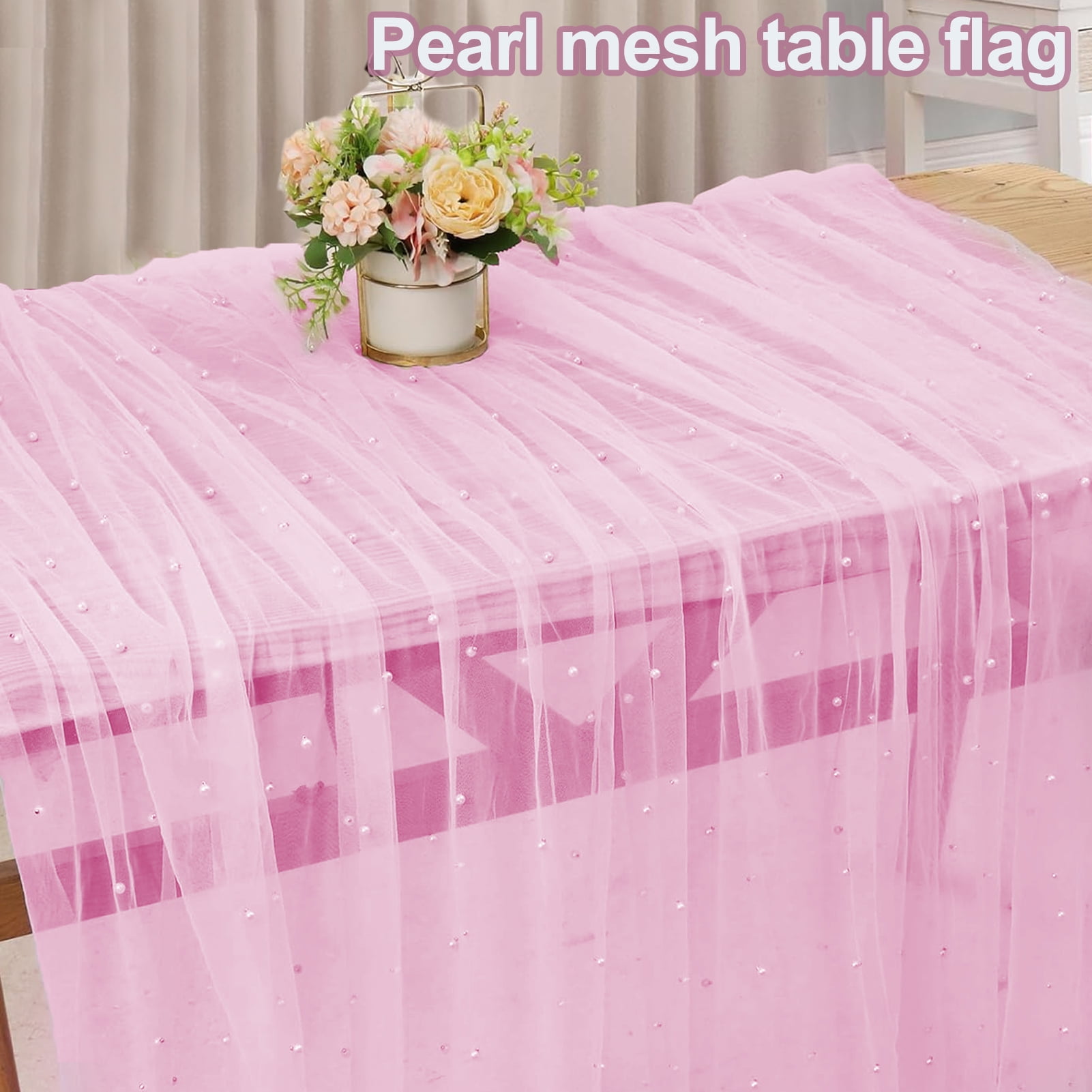 SUSUchens Faux Pearl Tulle Table Runner White Dessert Table Cloth ...