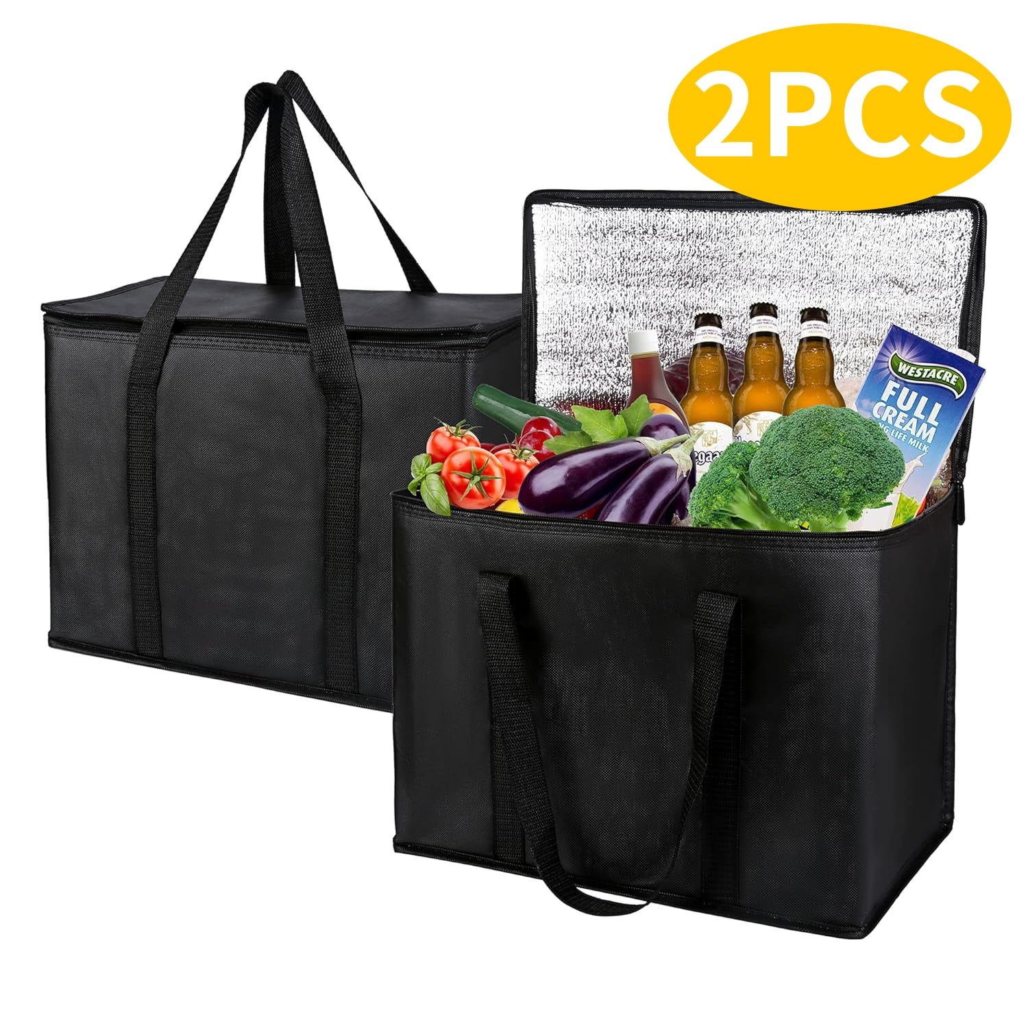 SUSWIM 2-Pack, Large Insulated Grocery shopping bags, Black, reusable ...