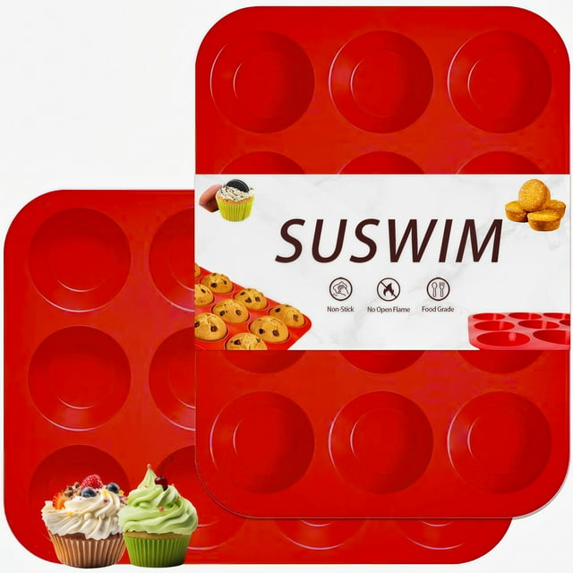SUSWIM 2 Pack Silicone Muffin Pan & Cupcake Pans for Baking - 12 Cup ...