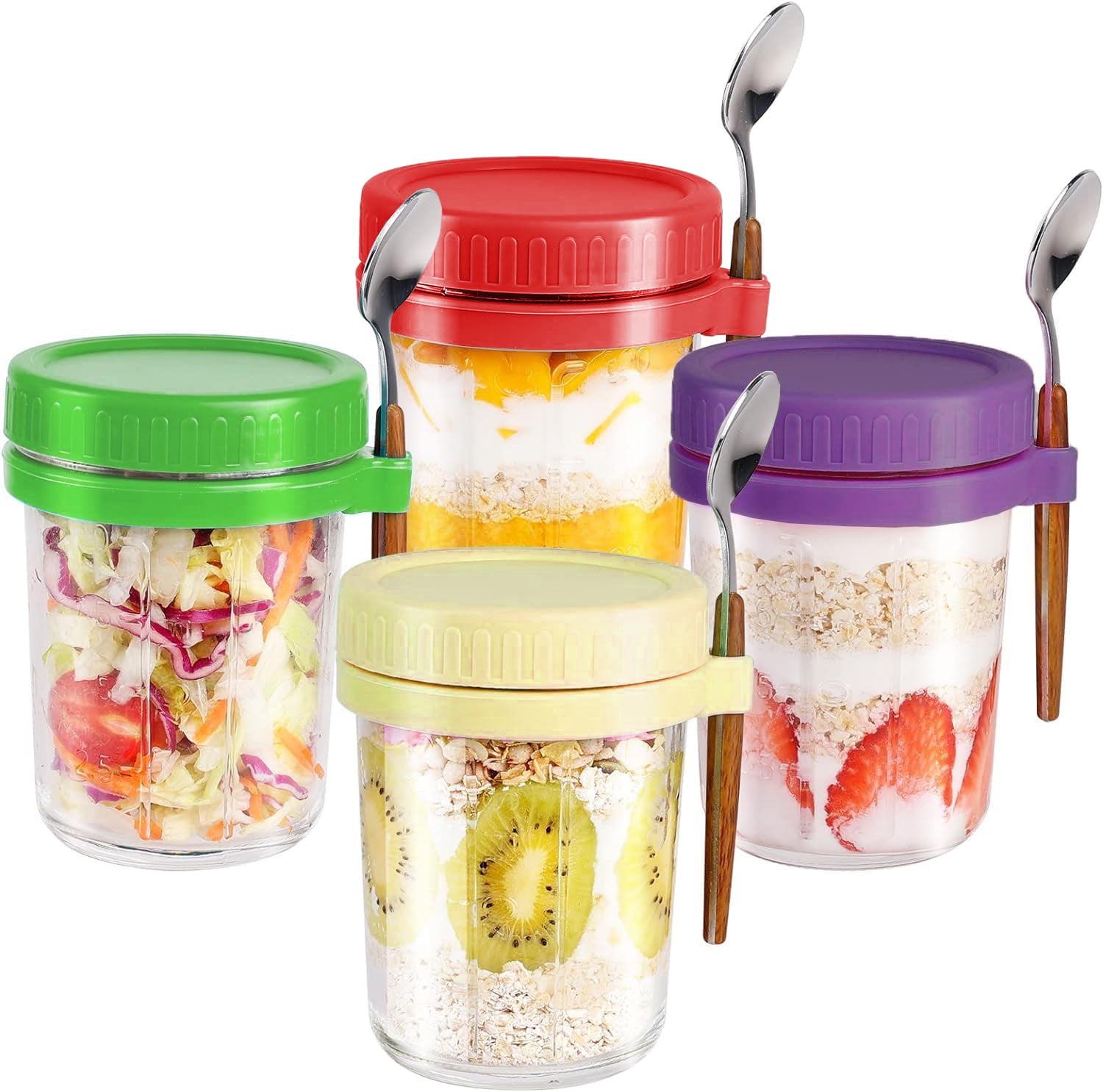 SUSWIM 4 Pack 16oz Glass Mason Jars with Lids, Spoons for Meal Prep ...