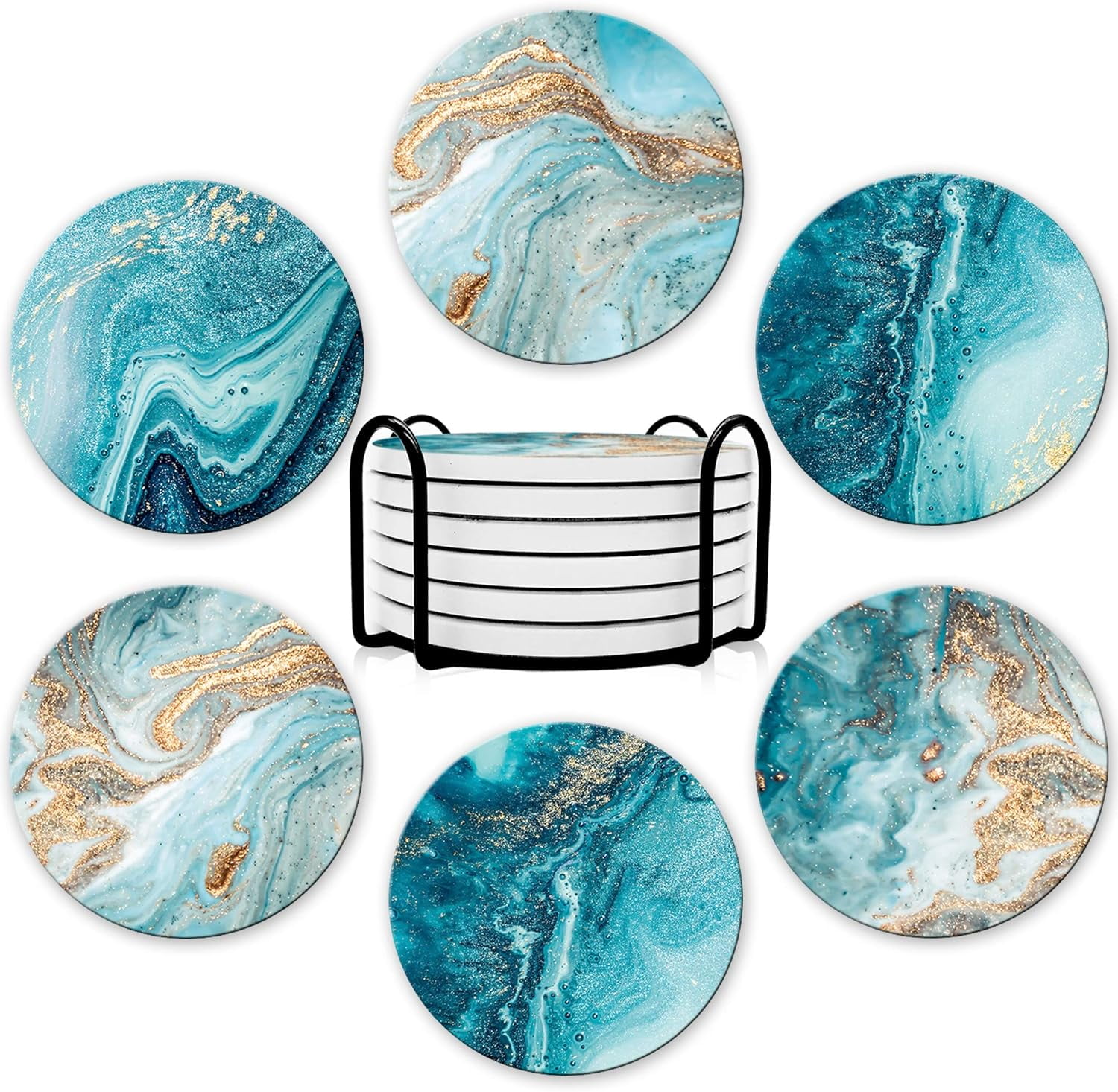 SUSWIM Drink Coasters Set of 6 with Holder, Marble Ceramic 4 Inch ...