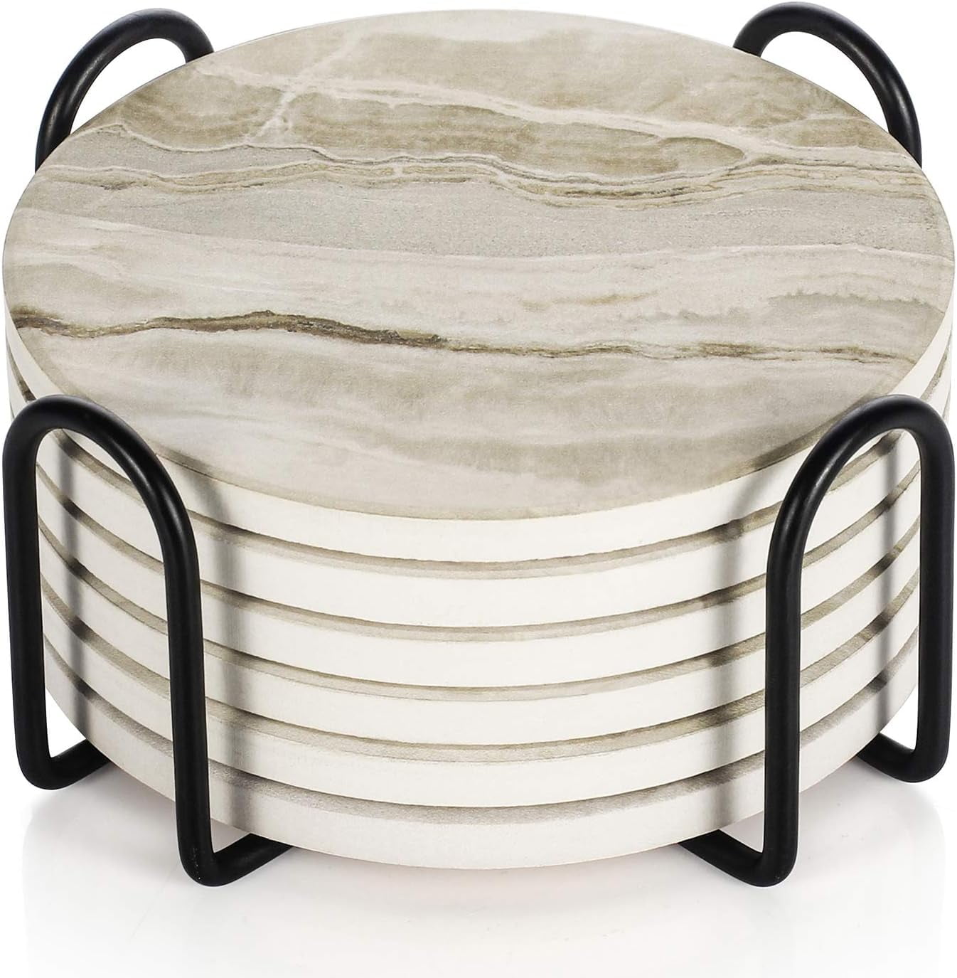 SUSWIM Marble Style Ceramic Drink Coasters with Holder Set of 6, 4 Inch ...
