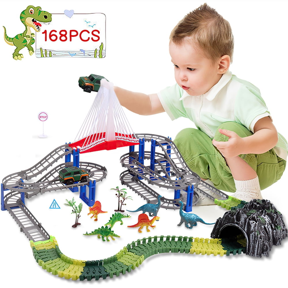 SUTENG 168 Pcs Dinosaur Race Car Tracks Set for Kids,Flexible Train ...