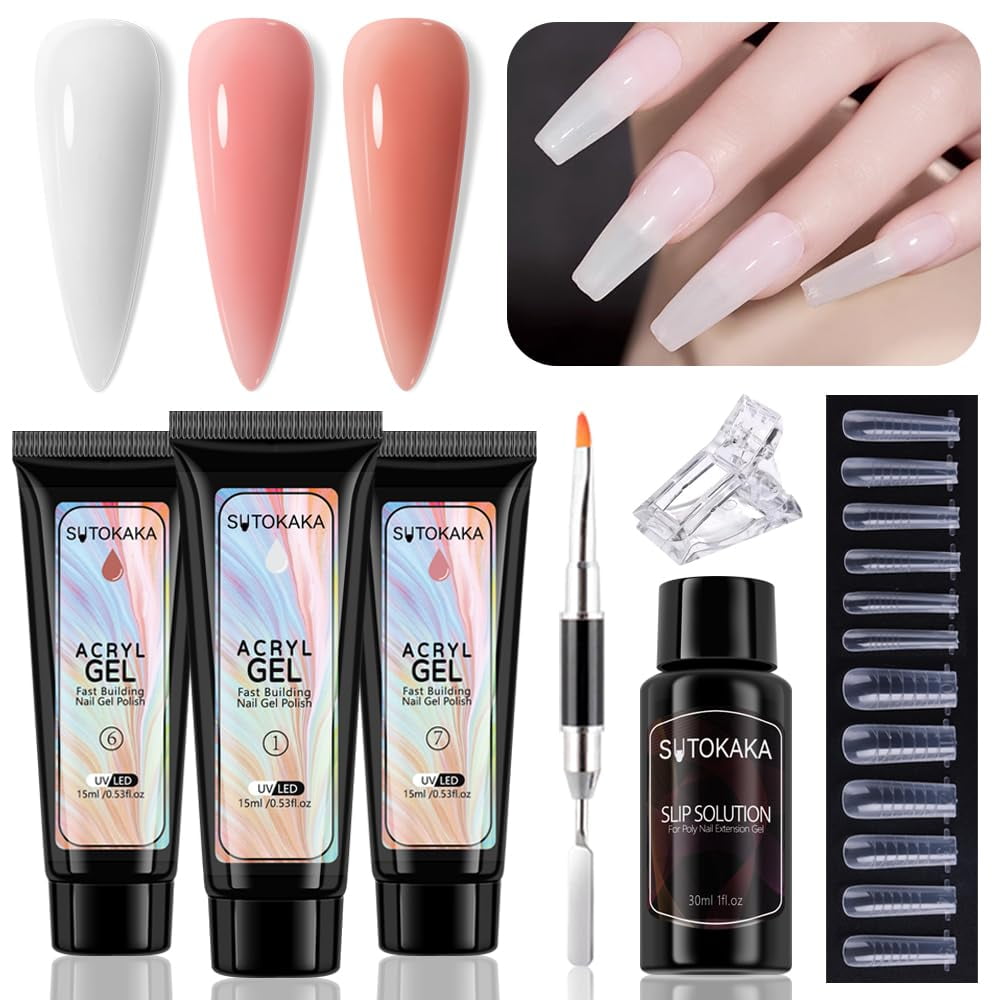 SUTOKAKA Poly Extension Gel Nail Kit, White Nude Pink Builder Gel Nail ...
