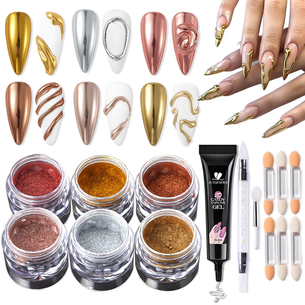 SUTOZMIWE Chrome Nail Powder AIF9 Metallic Gold And Mirror Effect ...