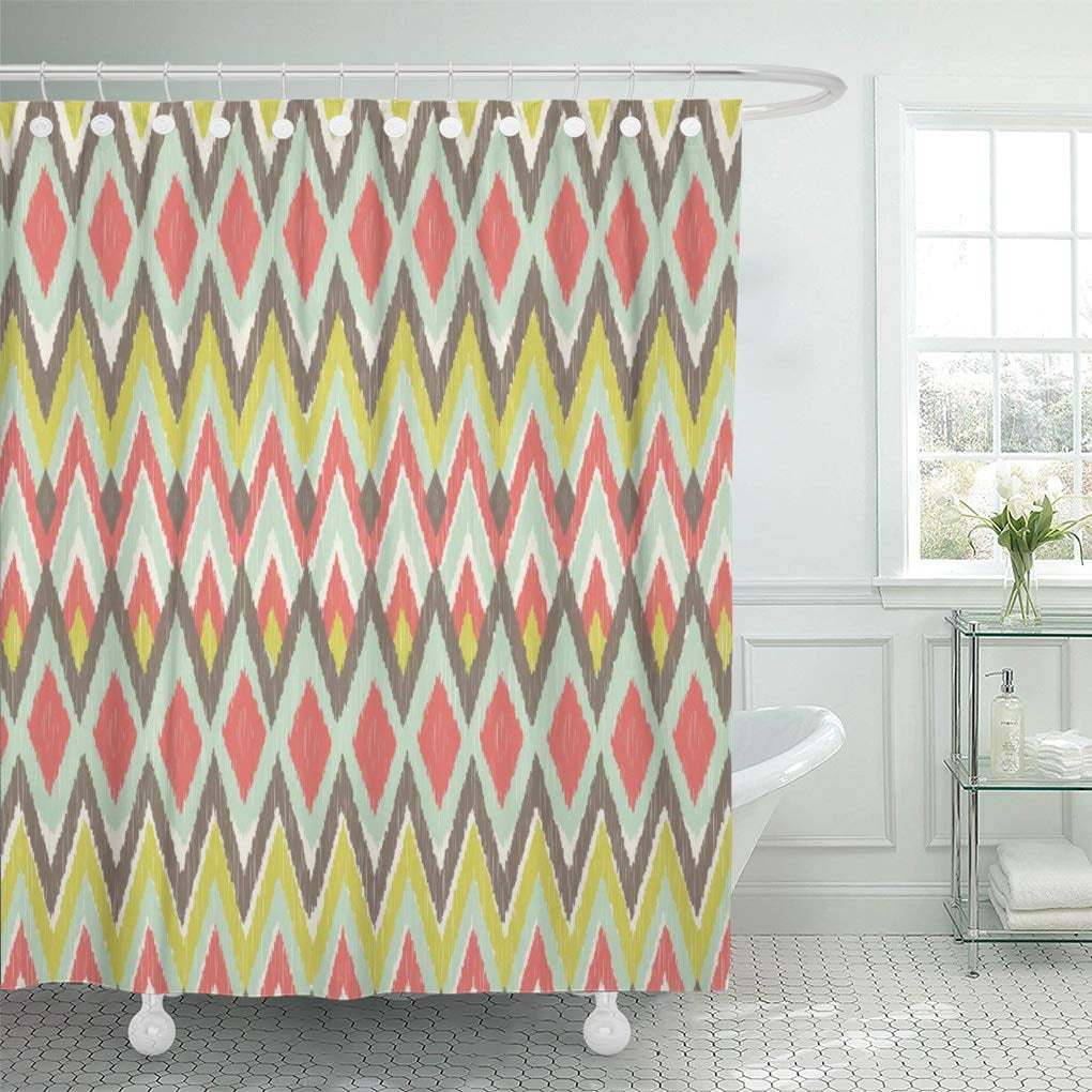 SUTTOM Gray Designer Tribal Ikat Popular Coral Mint Chartreuse Shower ...