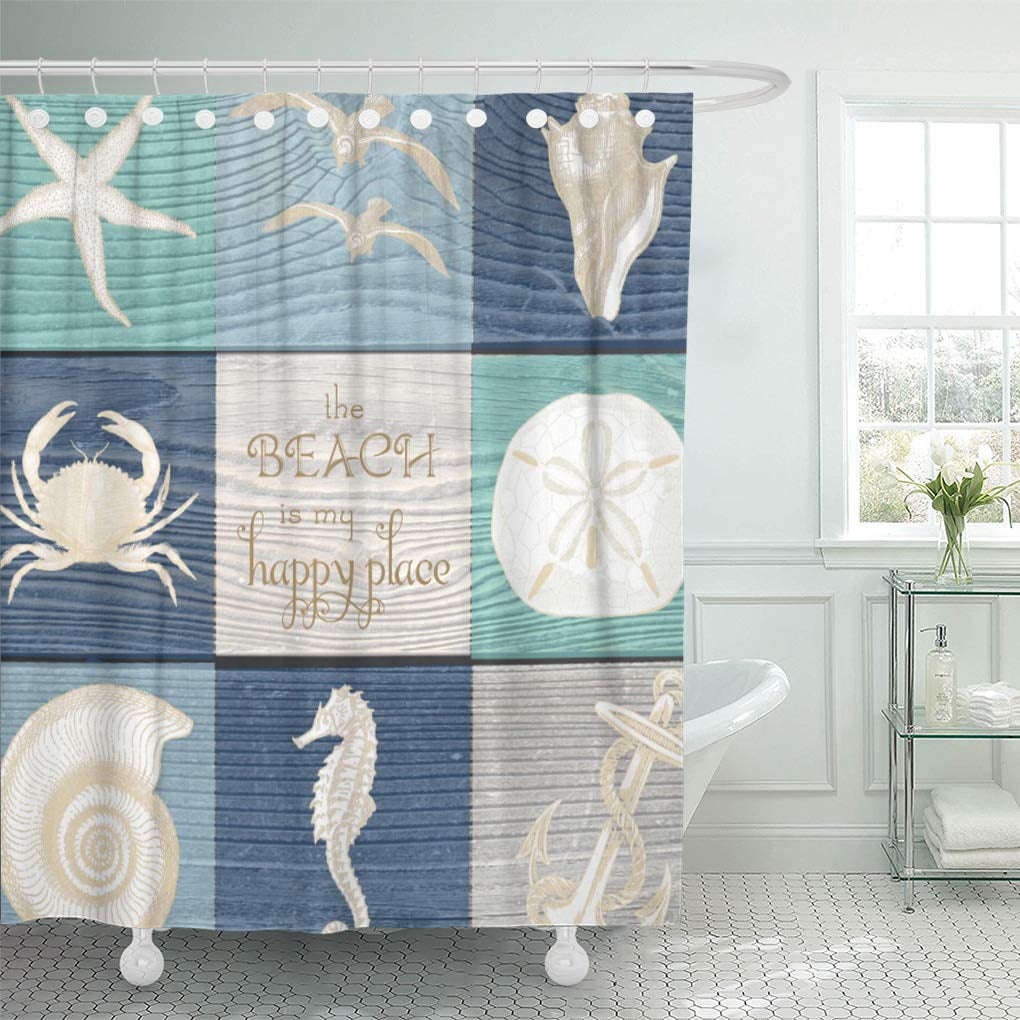 SUTTOM Seahorse Beach Happy Place Blue Aqua Wood Sea Shells Shower ...