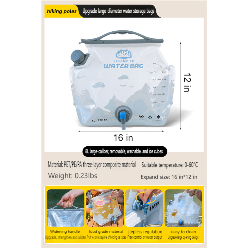 SUTUCOM Collapsible Water Container 8L - BPA-Free Portable Water Bag for Camping, Leak-Proof ...