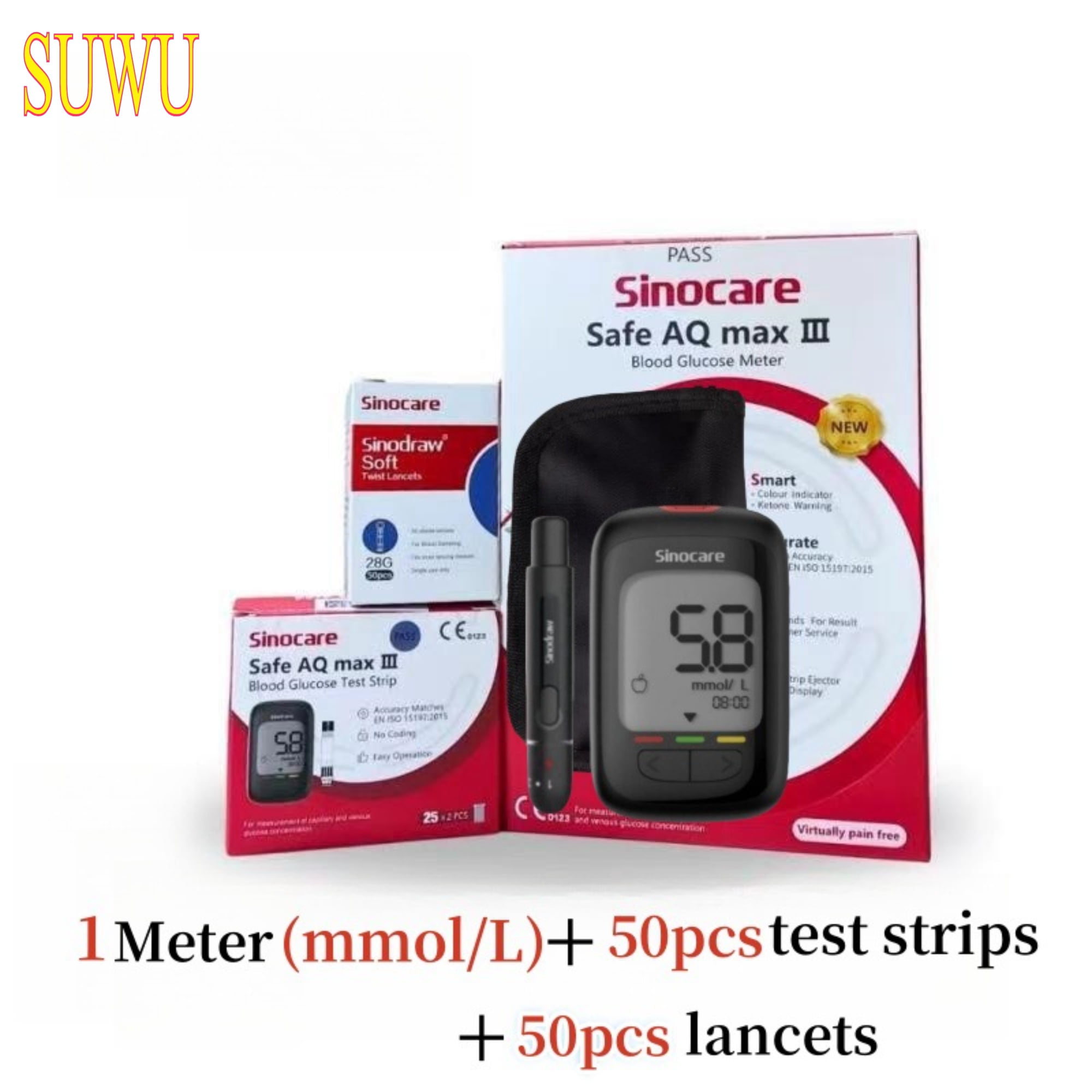 SUWU Blood Glucose Monitor Kit, 50 Glucometer Strips, 50 Lancets, 1 ...