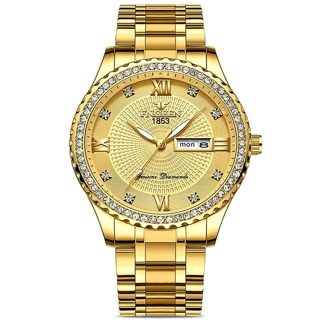 SUWU Classic Diamond Gold Watches for Men, Stainless Steel Waterproof ...