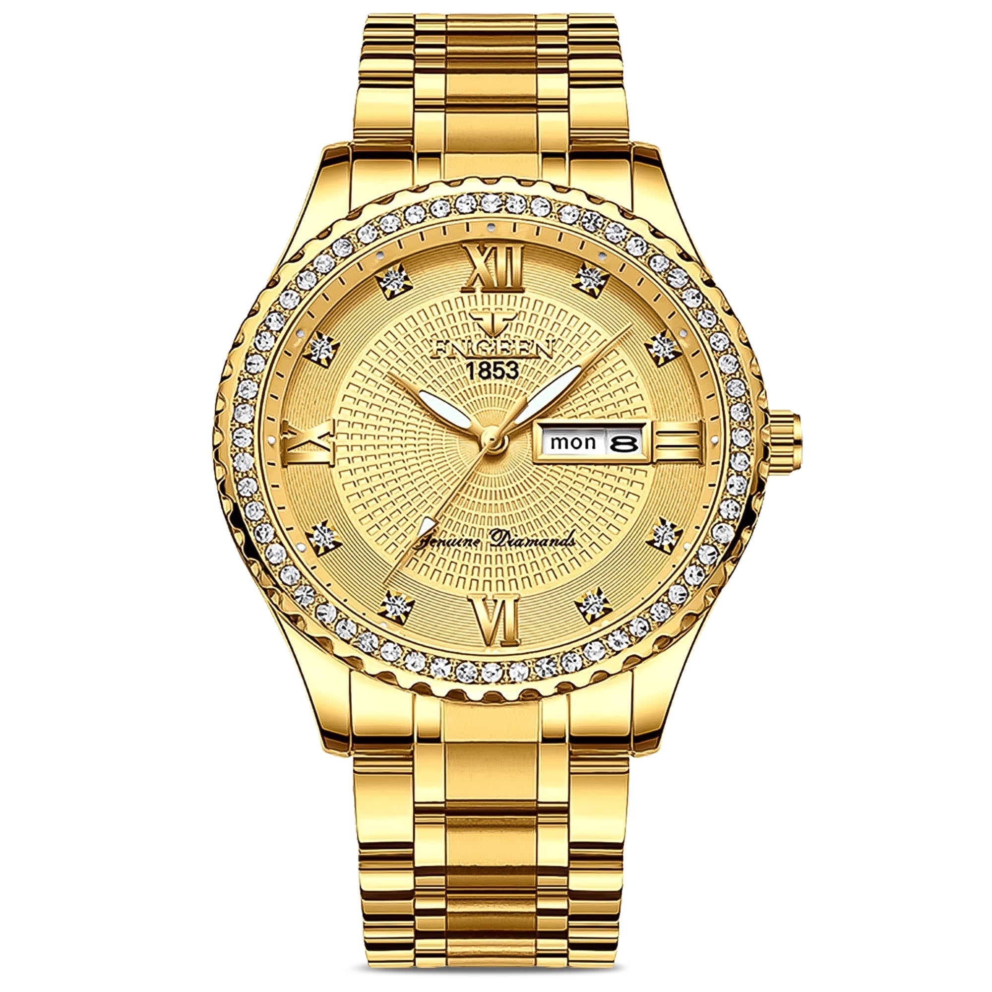 SUWU Diamond Gold Men's Watch, Stainless Steel Waterproof Quartz ...