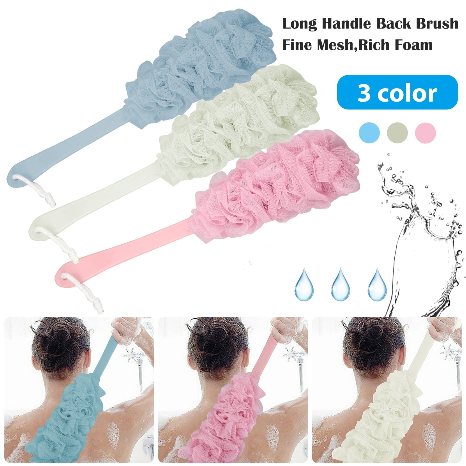 Anti-Slip Long Handle Back Scrubber, Soft Bath Sponge Shower Brush for ...