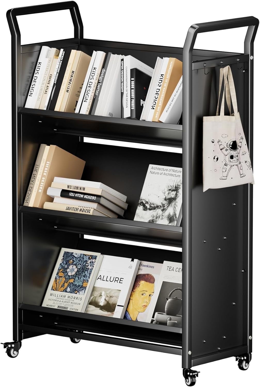 SUXXAN Book Cart Home Rolling 3 Tiers Metal Dimensions with 4 Lockable ...