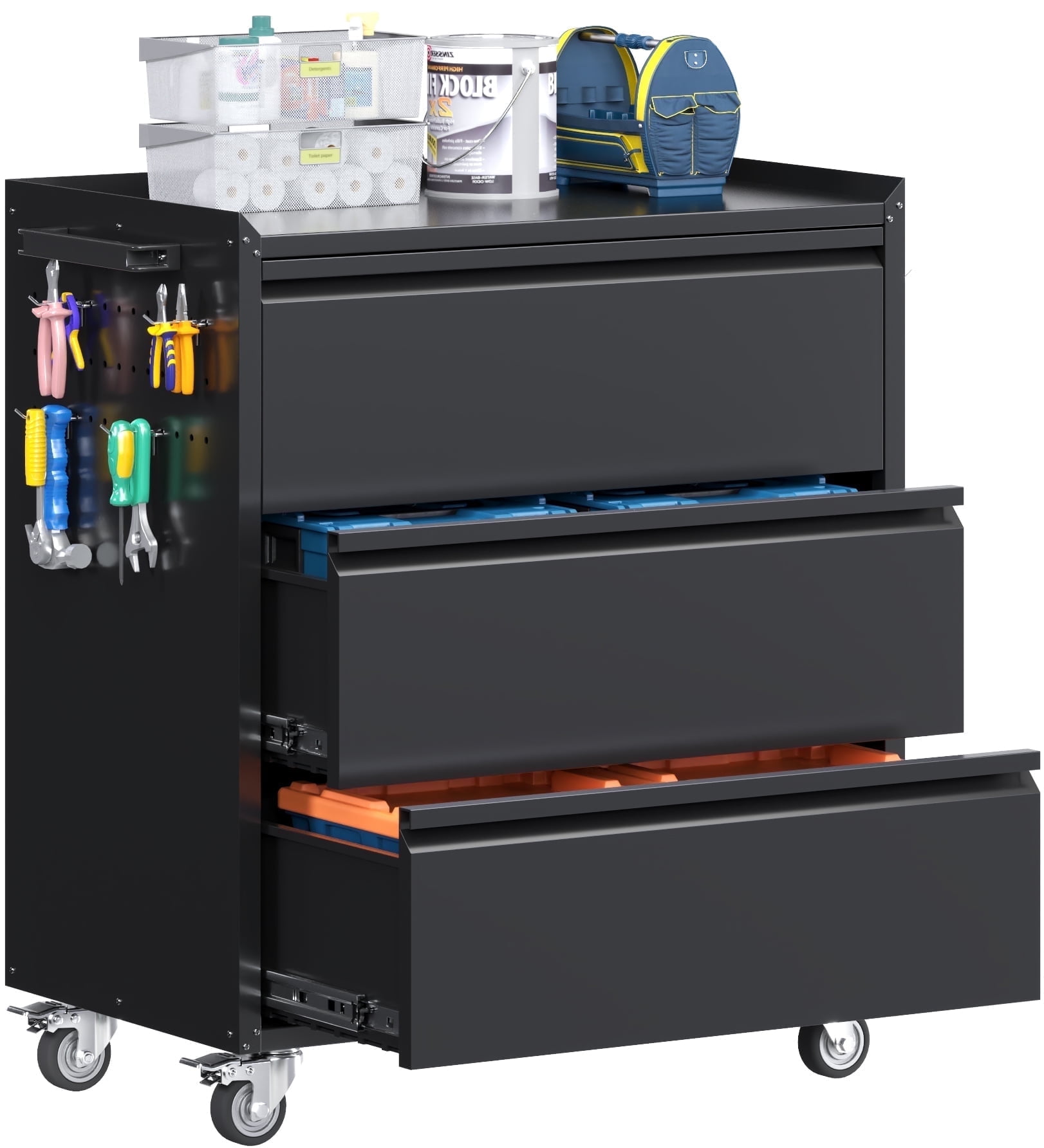 SUXXAN Lockable Metal Rolling Cabinet with Wheels, Mobile 3-Drawer ...