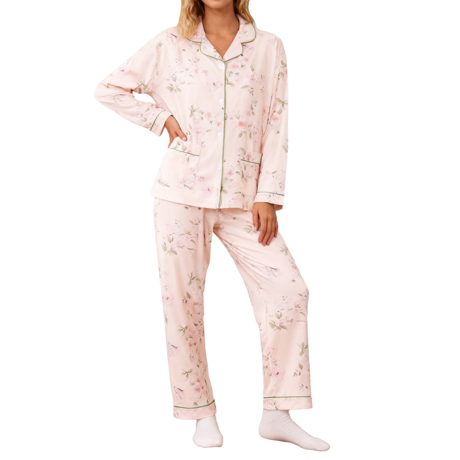 SUYIDA Pajamas for Women Satin Pajamas Set 2Pcs Long Sleeve Print ...