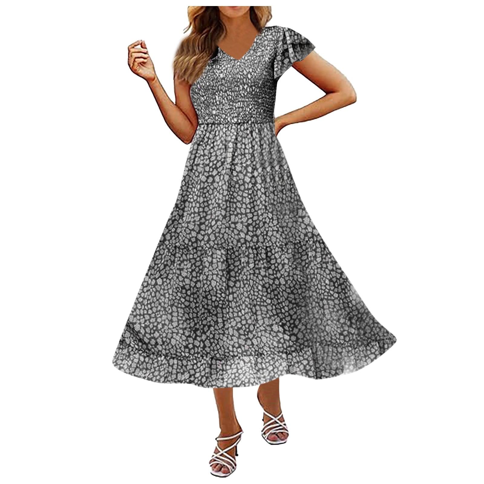 SUYOLL Women Dresses V-Neck Bohemian Floral Summer Short Ruffle Tiered ...