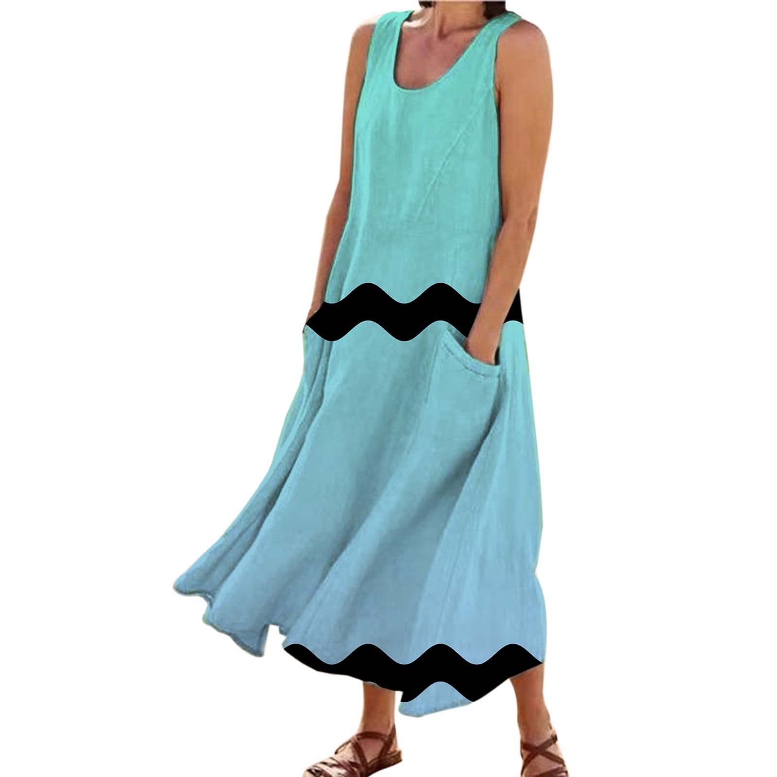 SUYOLL Women's Dresses Round Neck Thick Line Wave Cuffless Bag Long ...