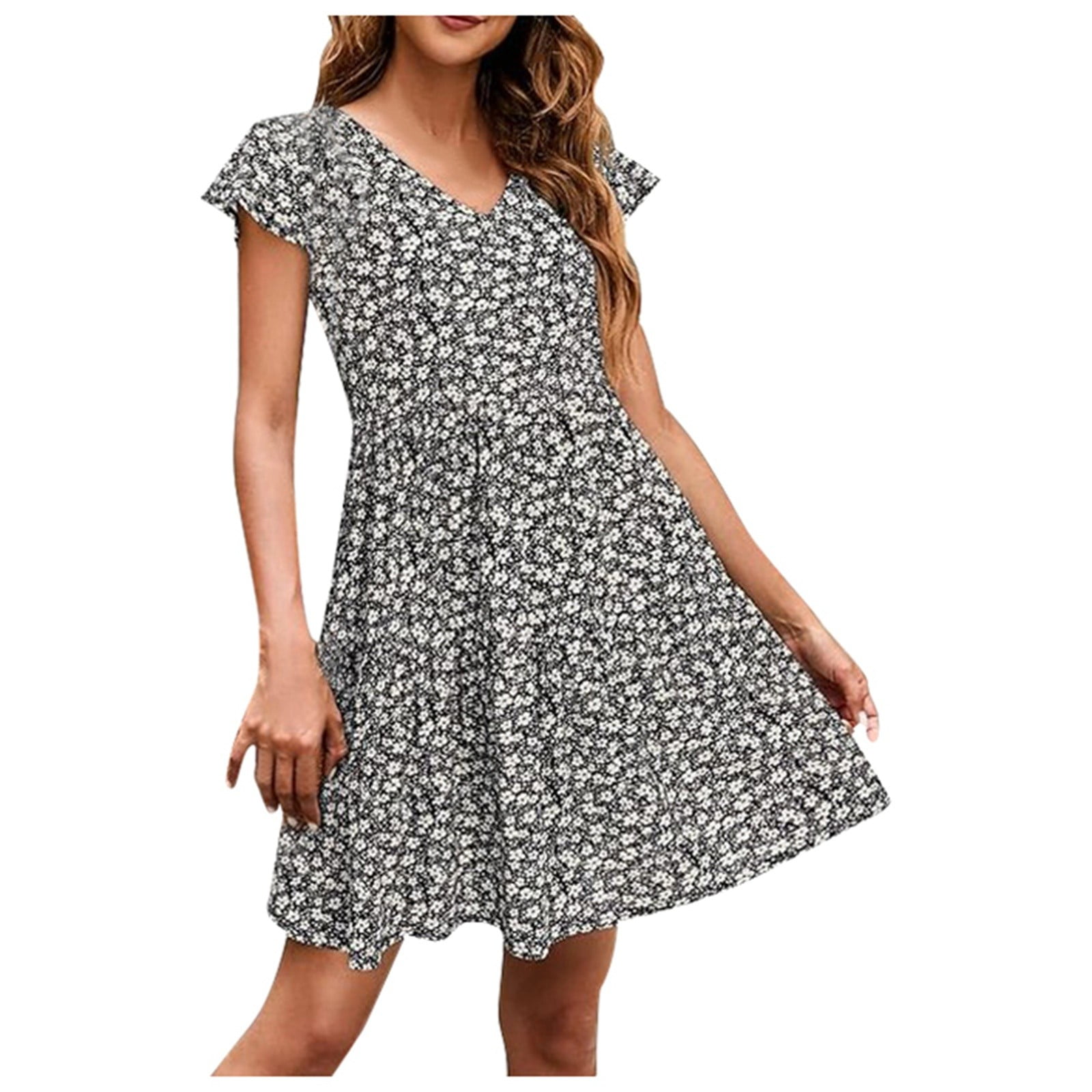 SUYOLL Women's Summer Dress V-Neck Polka Dot Smock Waist Swing Dress ...