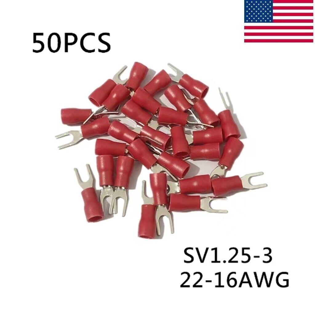 SV1.25-3 22-16AWG Red Pre Insulated Fork Type Terminals Connectors 50 ...