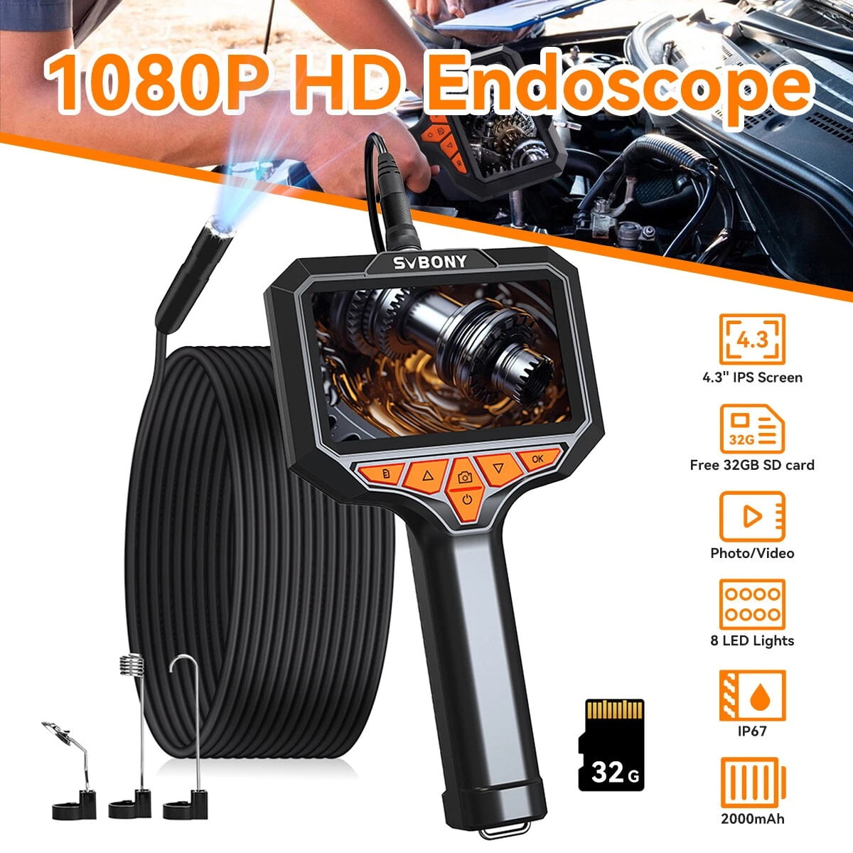 SVBONY Industrial Handheld Endoscope 4.3 IPS 1080P HD 5M Borescope ...