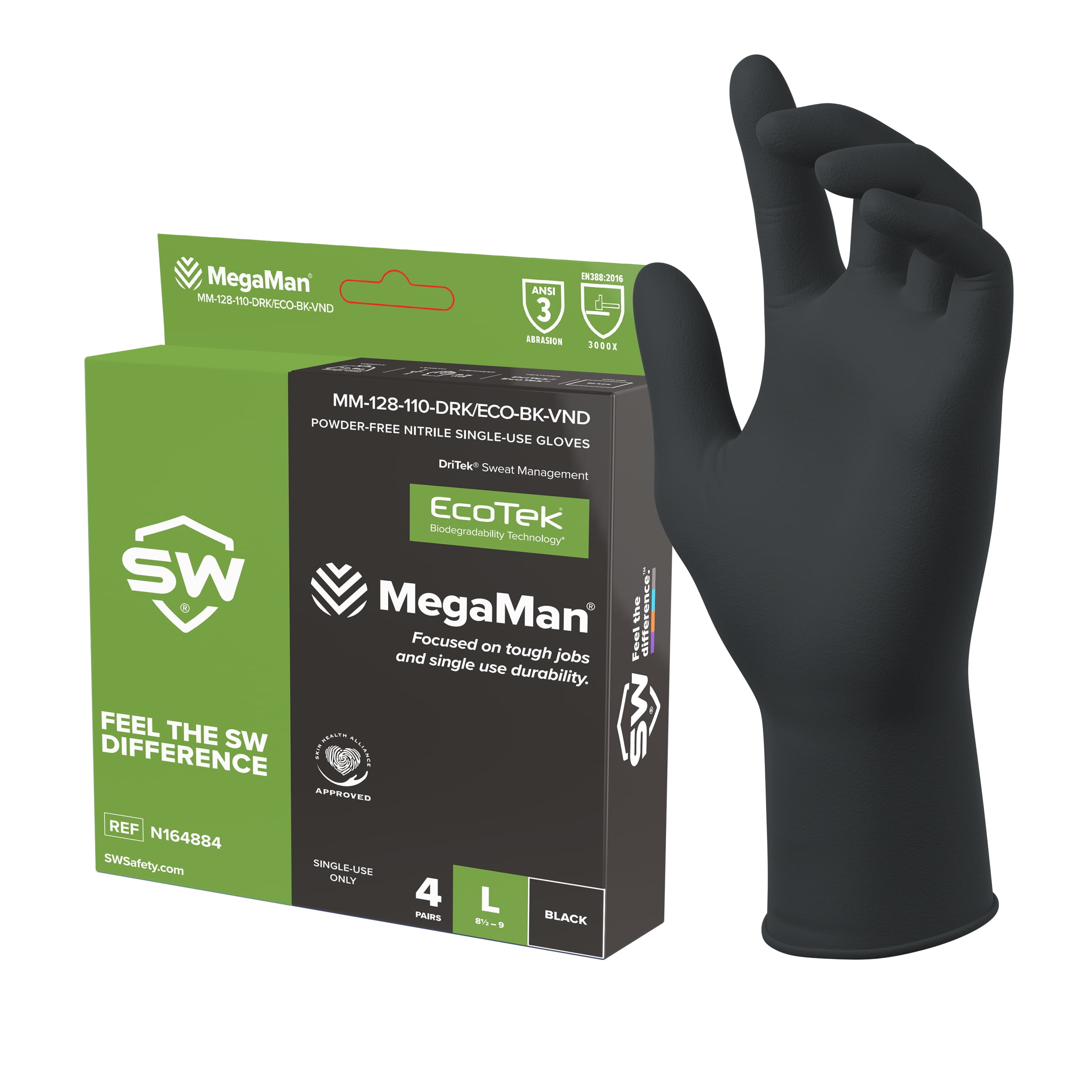 SW MegaMan Nitrile Exam Gloves, MM-11BK Black 8.5mil, Biodegradable ...