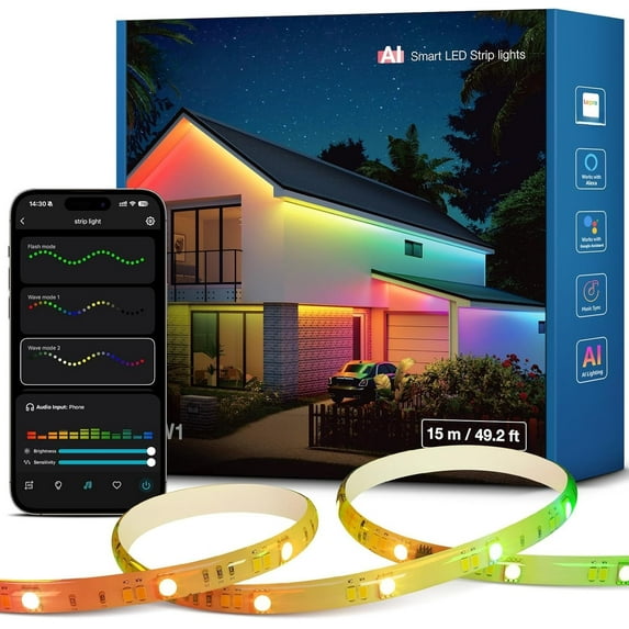 SW1 AI Outdoor Strip Lights - 49.2ft IP65 RGBCW Light Strips, 2700K ...