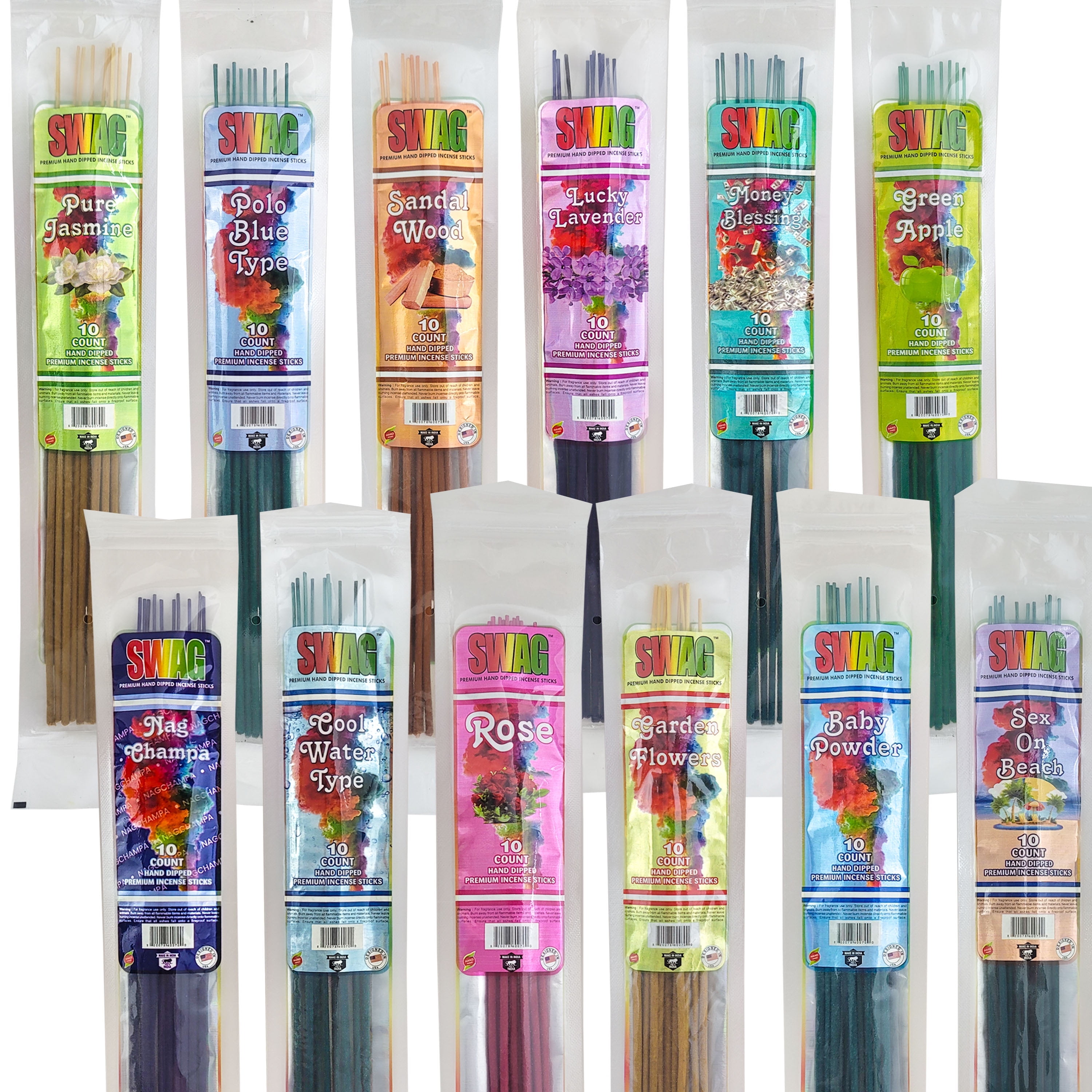 SWAG 11" Hand-Dipped Perfume Incense - 10 Assorted Scents - 10 Sticks ...