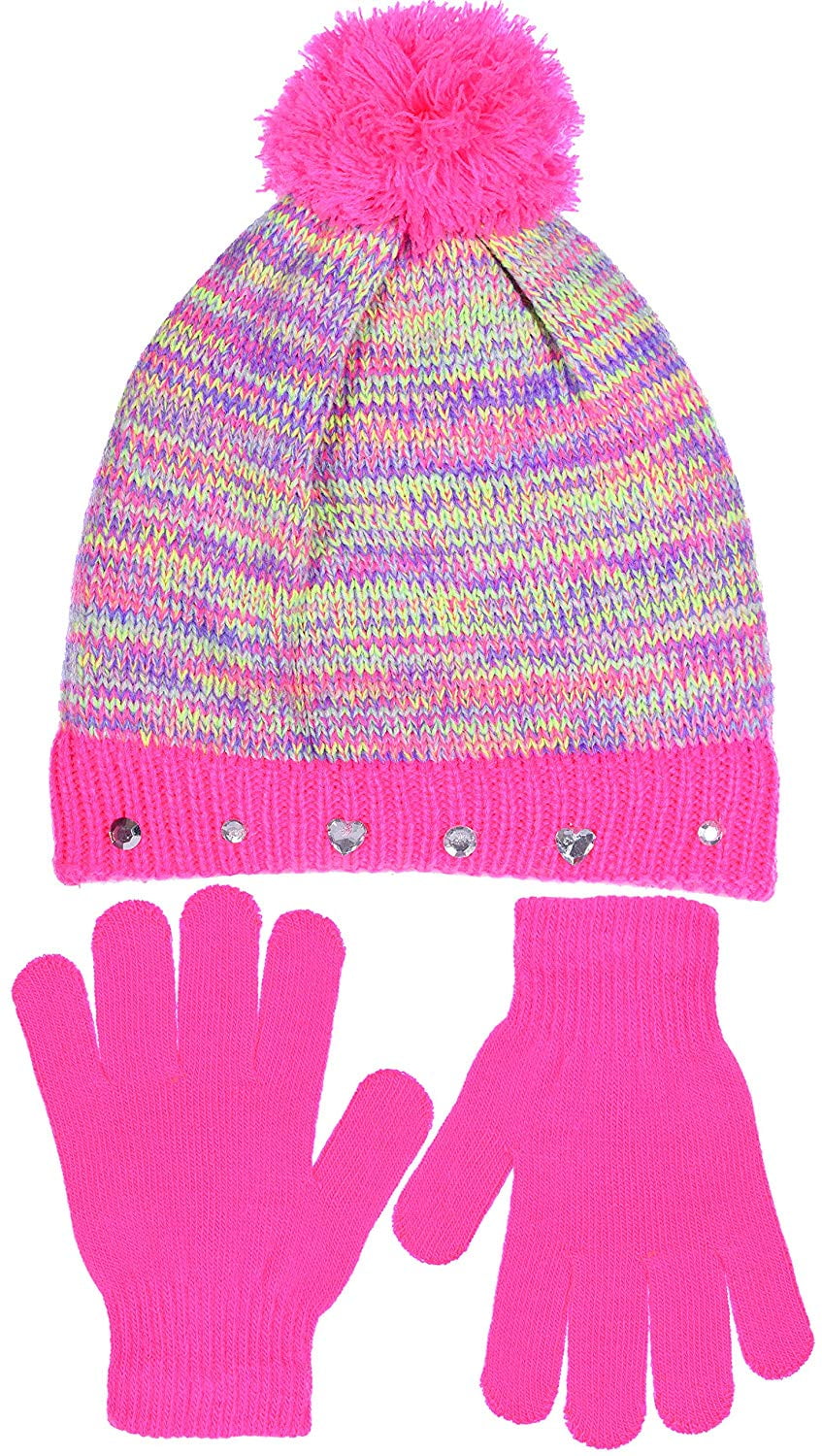 SWAK Girl's Cute Knit Hat with Pom and Jeweled Cuff & Gloves Set in 3 ...