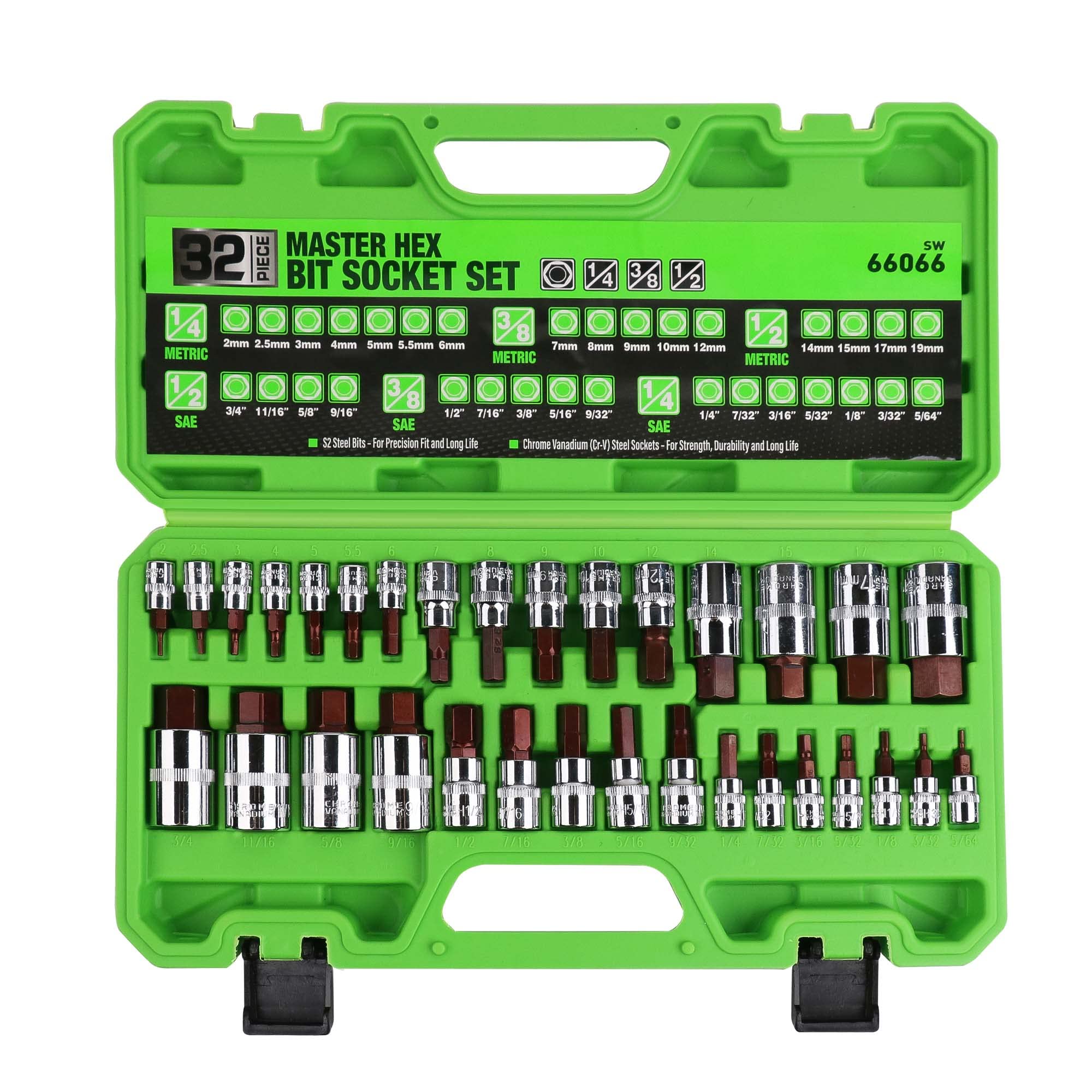SWANLAKE 32 Piece Hex Bit Socket Set SAE And Metric 1 4 3 8 1 2