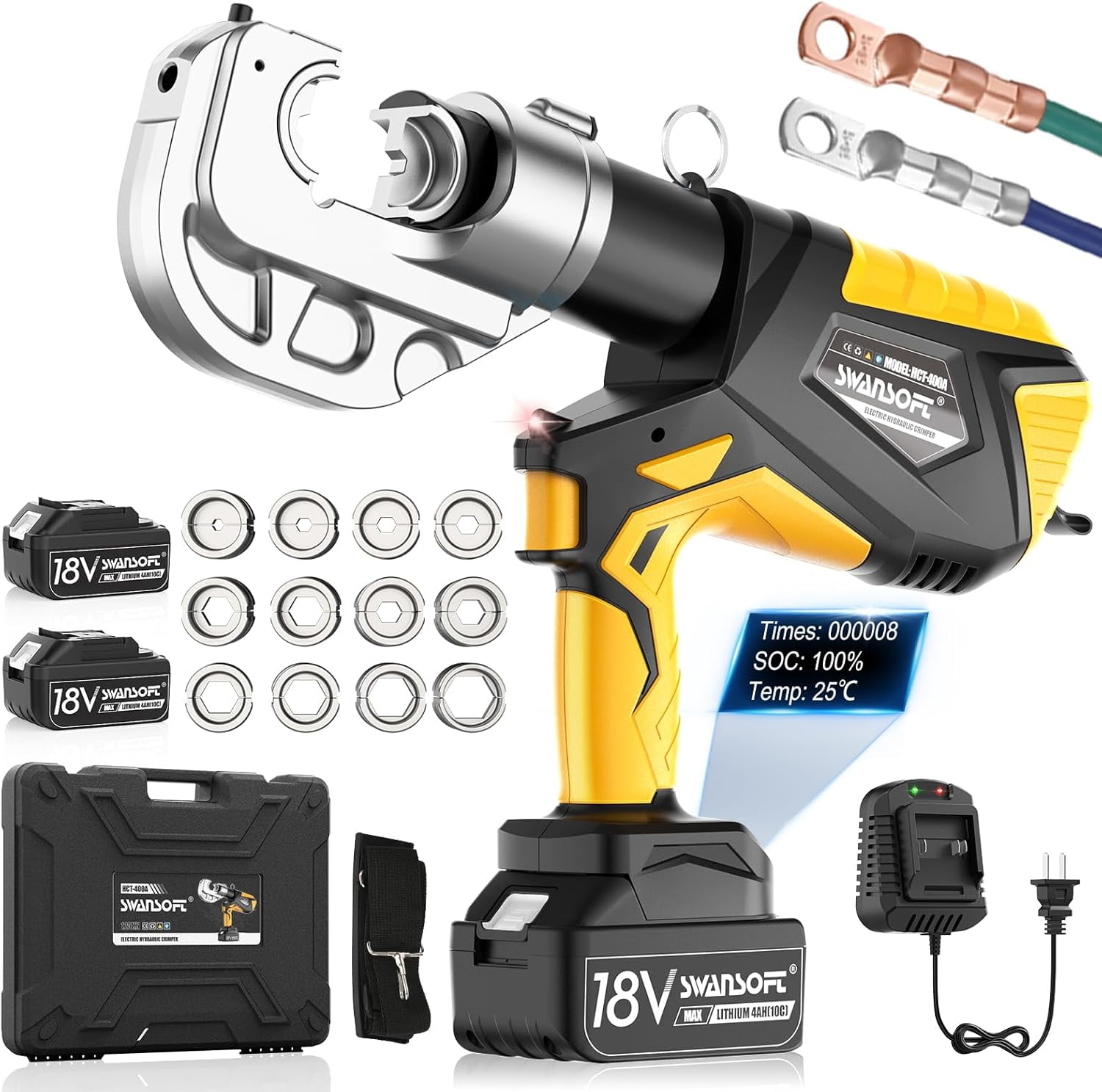 SWANSOFT Electric Hydraulic Cable Lug Crimping Tool, 12Ton 6AWG-800MCM ...
