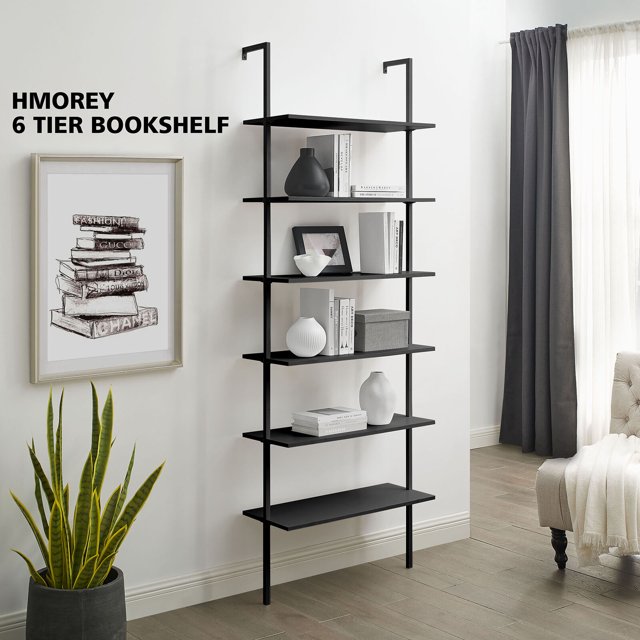 SWAREY Living Room Modern Decorative 6-Tier Wood Bookshelf, Wall Mount ...