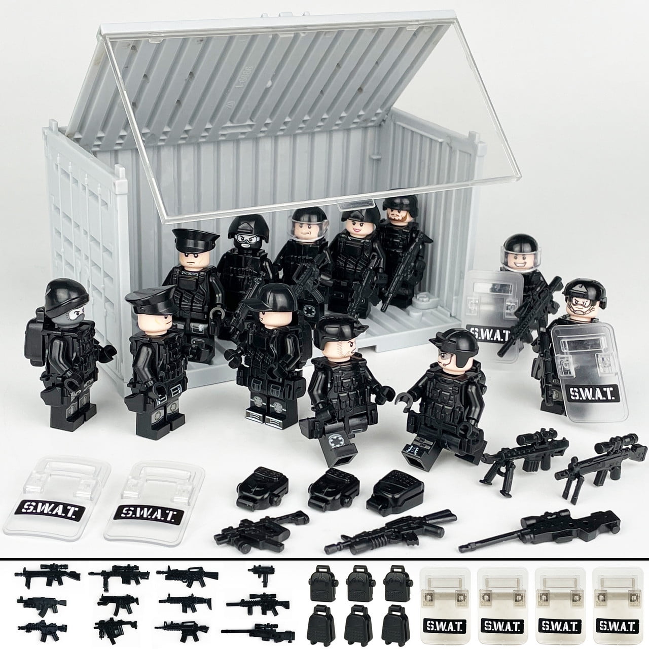 SWAT Team Special Forces 12 Custom Minifigures + Container Box Display ...