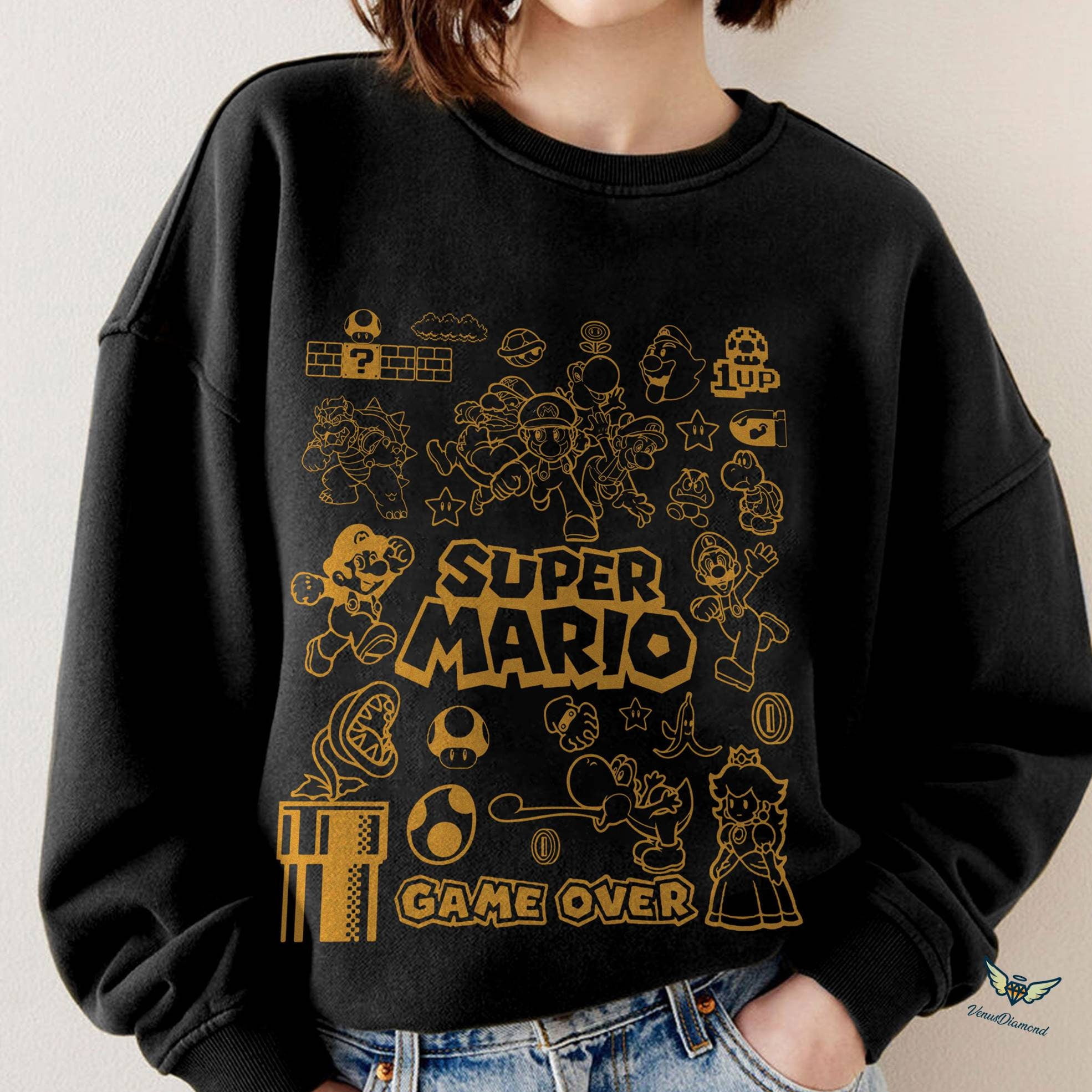 SWEATSHIRT Super Mario Doodle Art Shirt, Mario Luigi Yoshi Peach Bowser ...