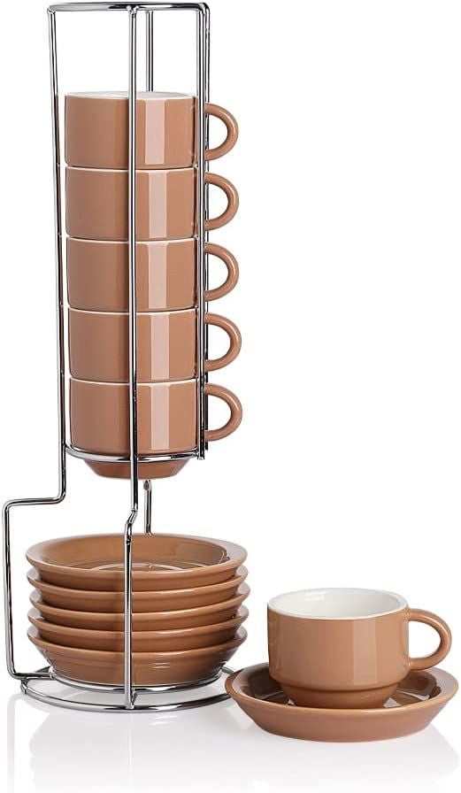 SWEEJAR Porcelain Espresso Cup & Saucer Set,Stackable Demitasse Cups ...