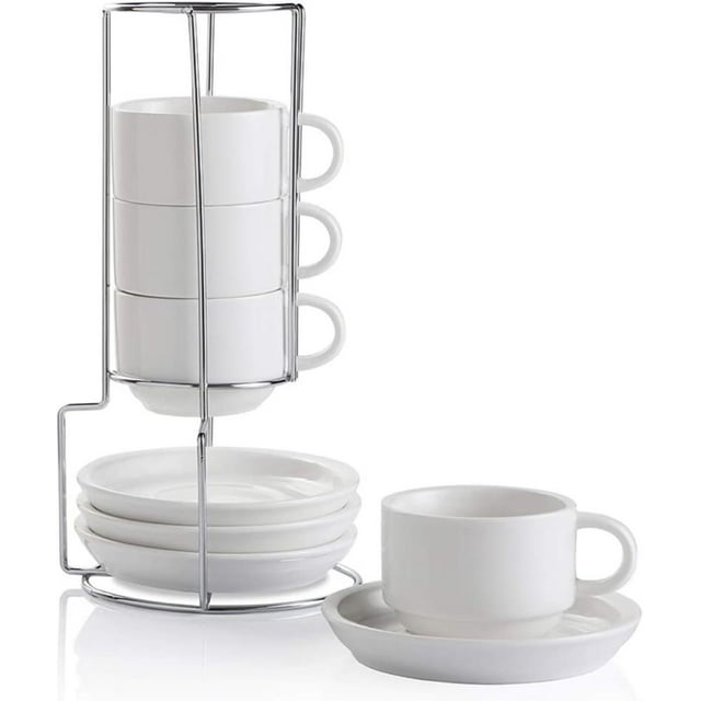 SWEEJAR Porcelain Espresso Cups with Saucers, 4 Ounce Stackable ...