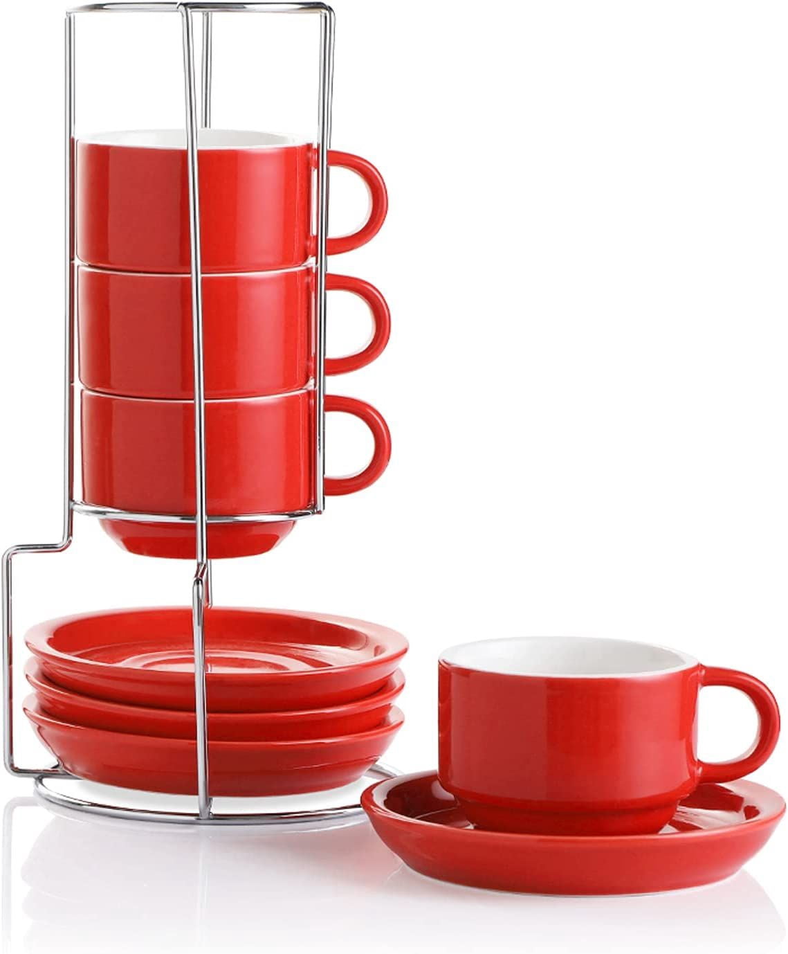 SWEEJAR Porcelain Espresso Cups with Saucers, 4 Ounce Stackable ...