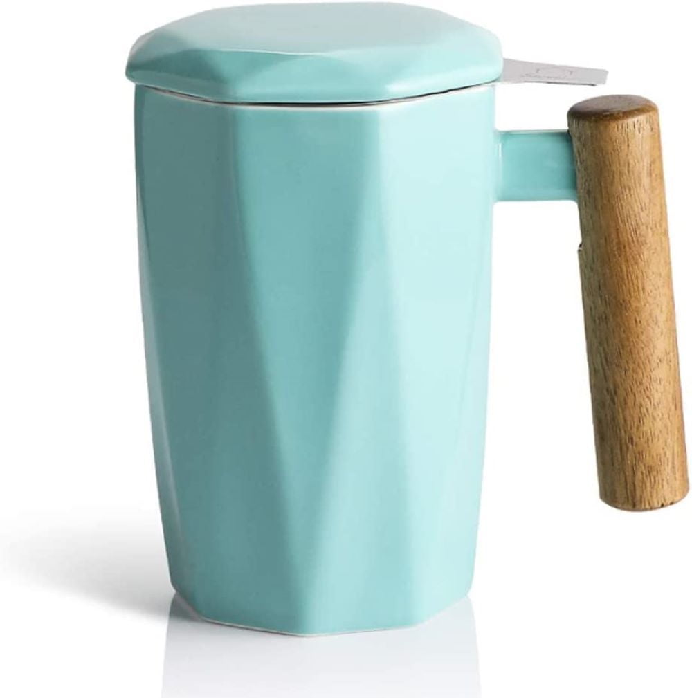 SWEEJAR Porcelain Tea Mug with Infuser and Lid,Wooden Handle Tea Cup ...