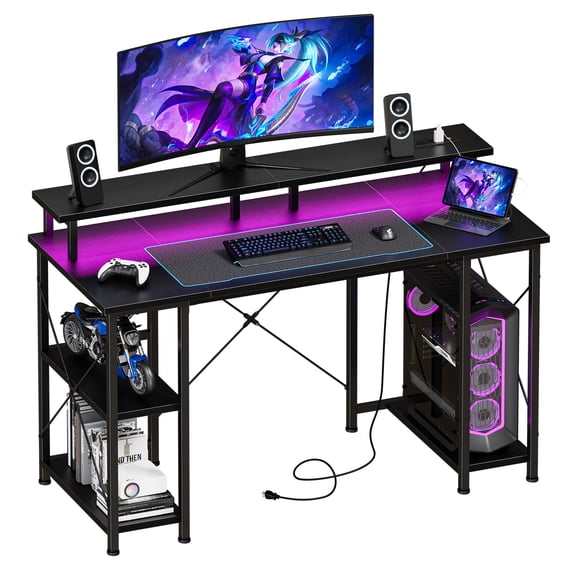 SWEETCRISPY Computer Gaming Desk, Ergonomic PC Gaming Table with Power ...