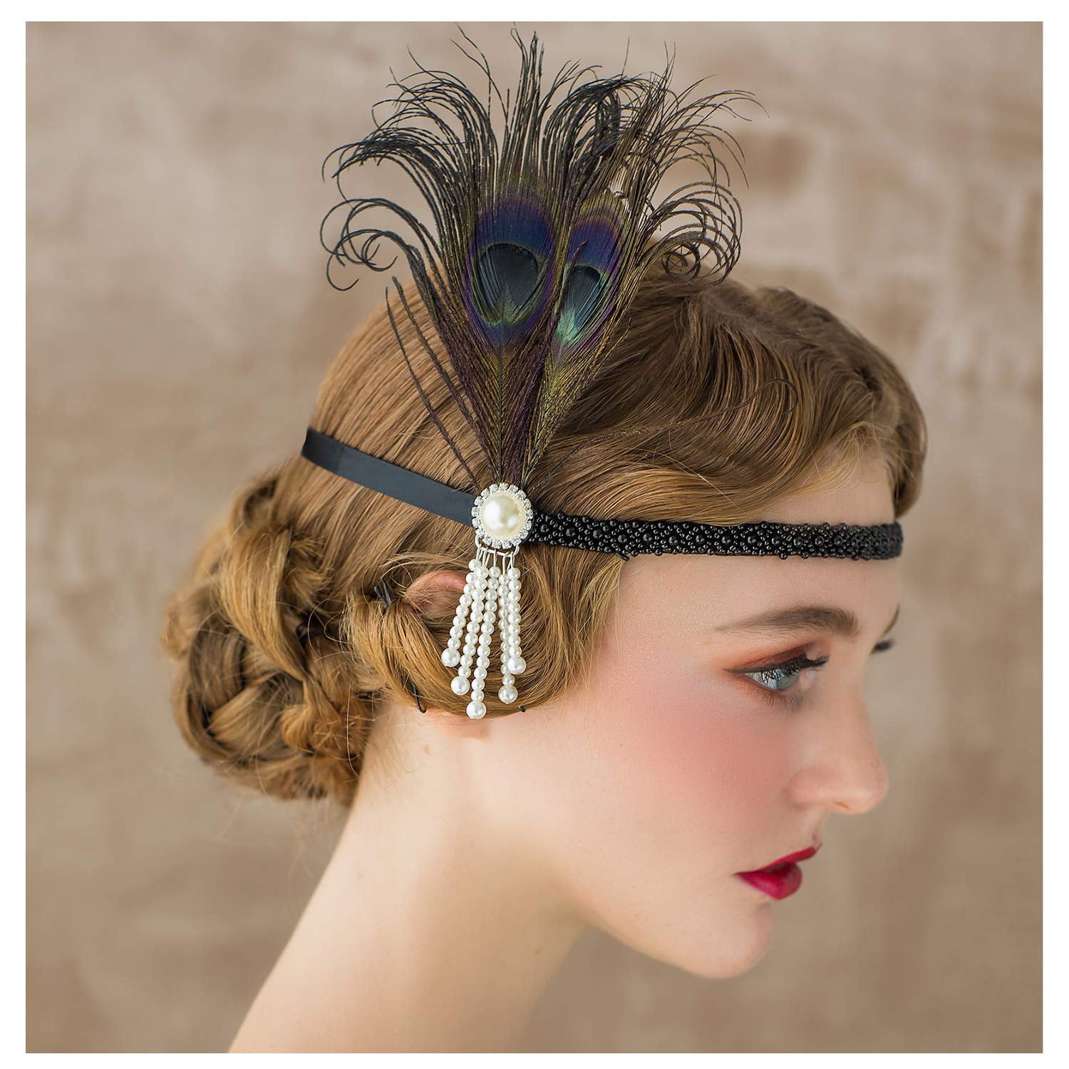 SWEETV 1920s Headpiece Flapper Headband, Pearl Peacock Feather Hair ...