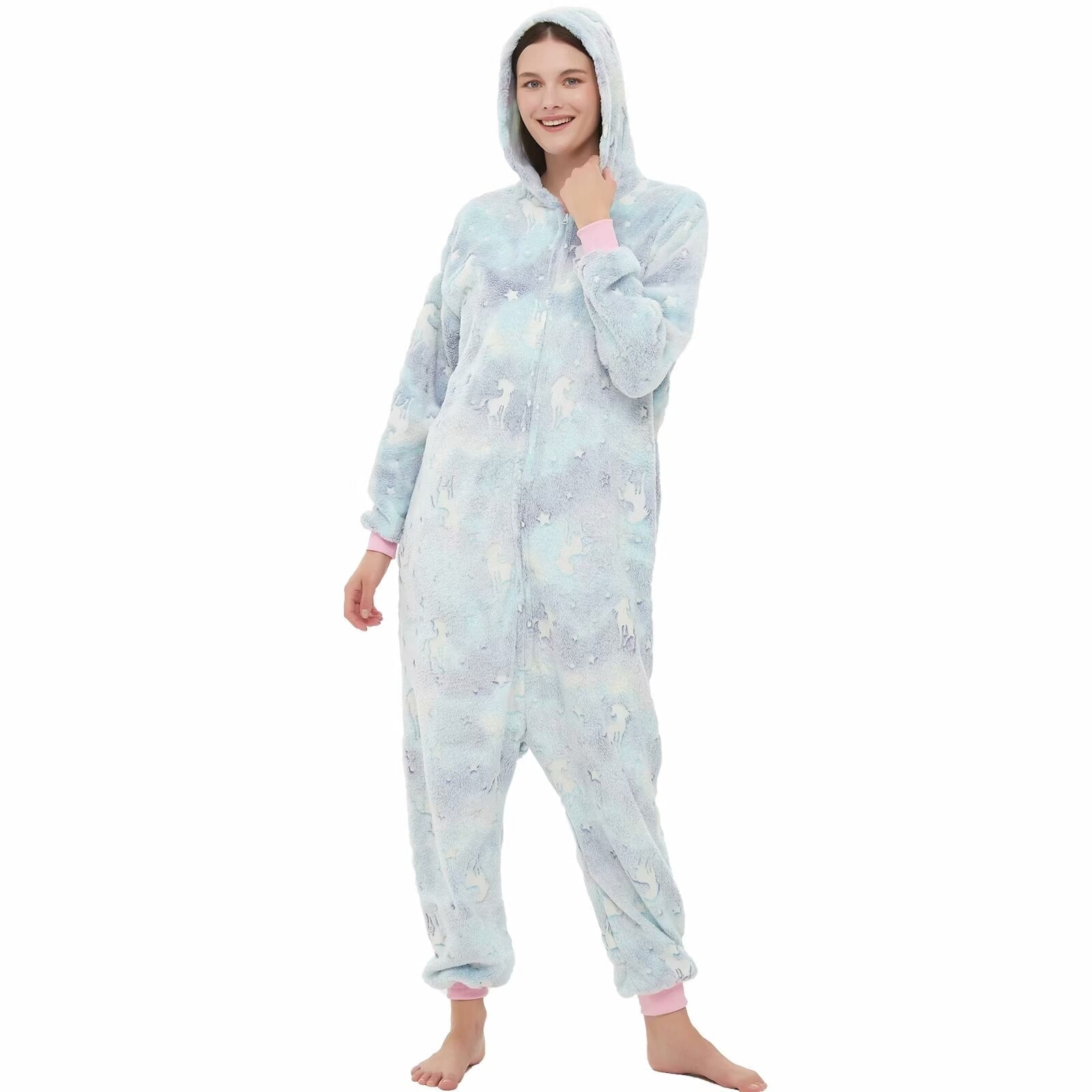 SWEETXIN Women's Snug Fit Unicorn One-Piece Pajamas, Glow-in-the-Dark ...