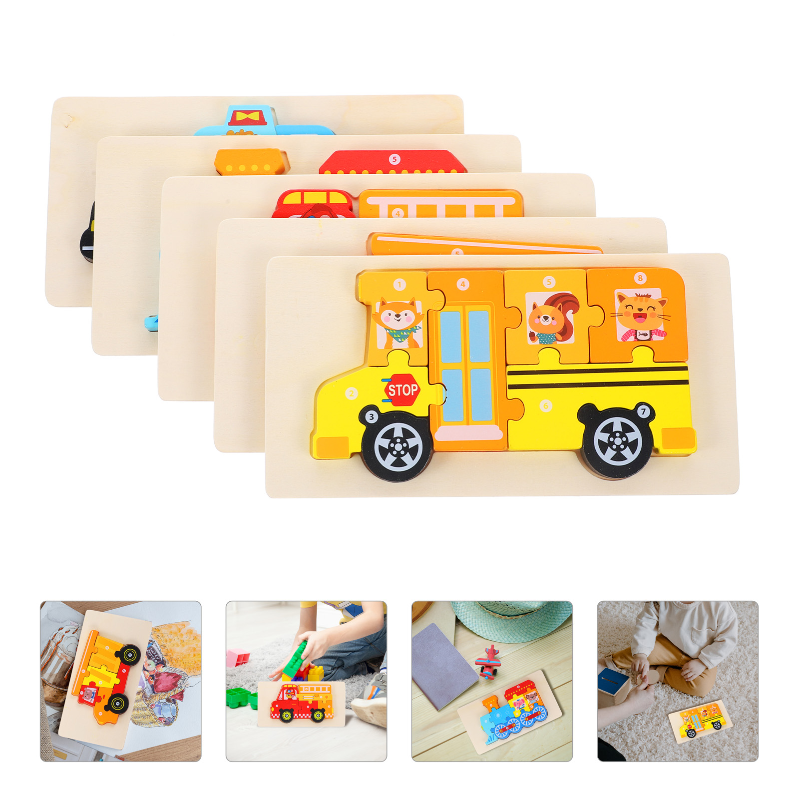 SWETRACE 5 Sets Kids Learning Puzzle Toy 3D Puzzle Toy Wood Material ...