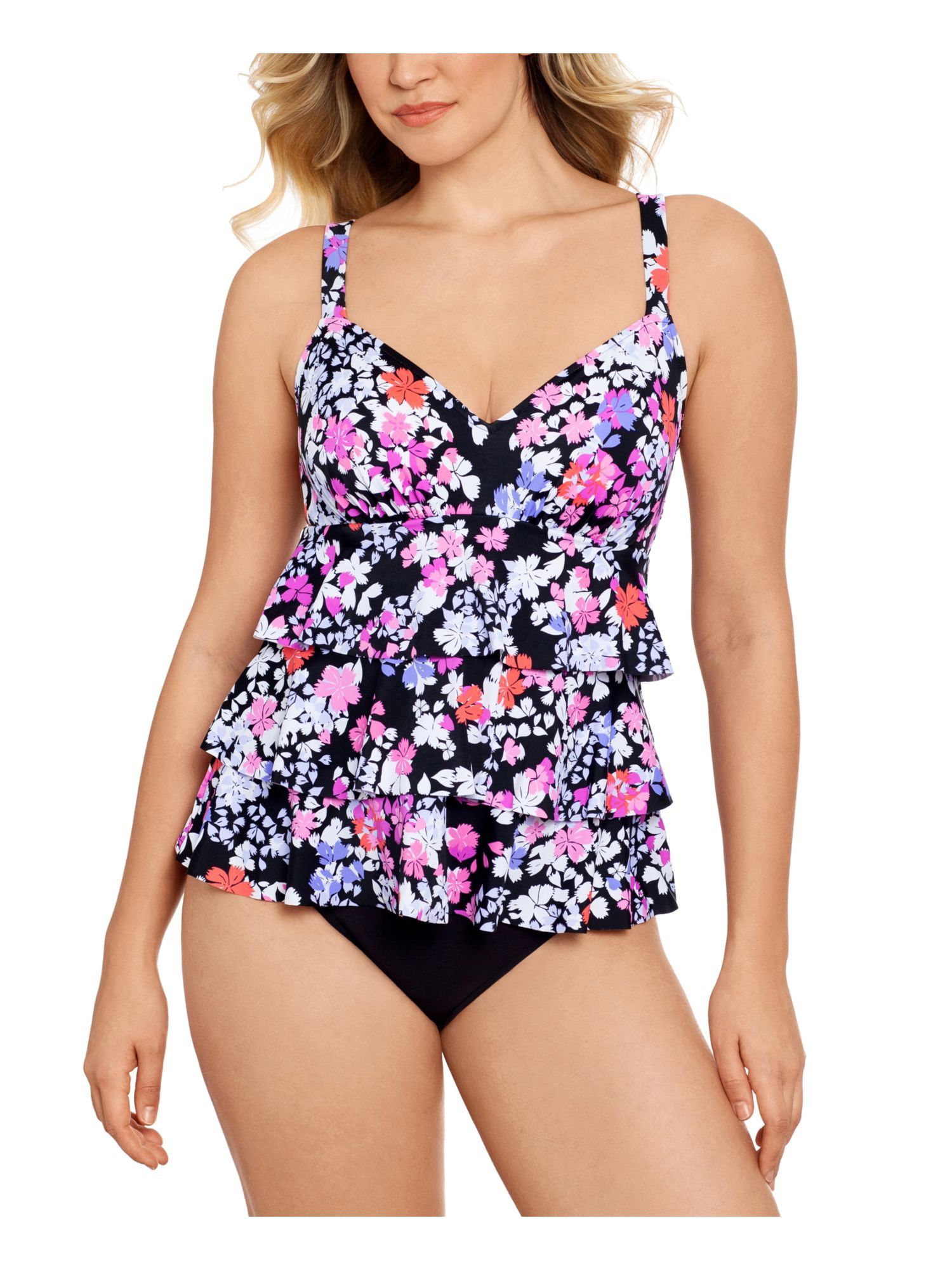 Swim Solutions Womens Black Floral Stretch Full Bust Support Tummy Control Tiered Dancing Queen