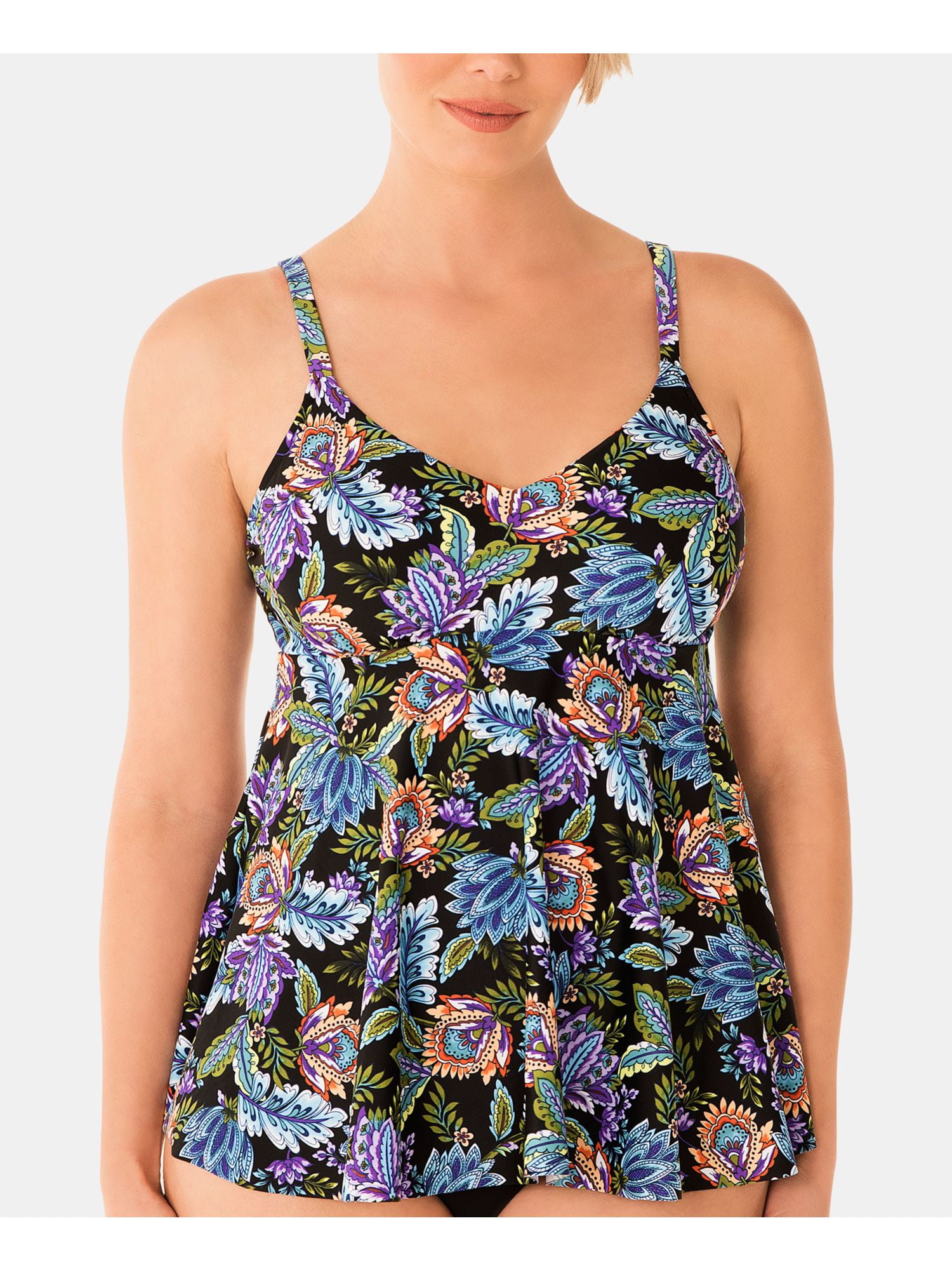SWIM SOLUTIONS Women's Black Floral Stretch V-Neck Tankini Lined ...