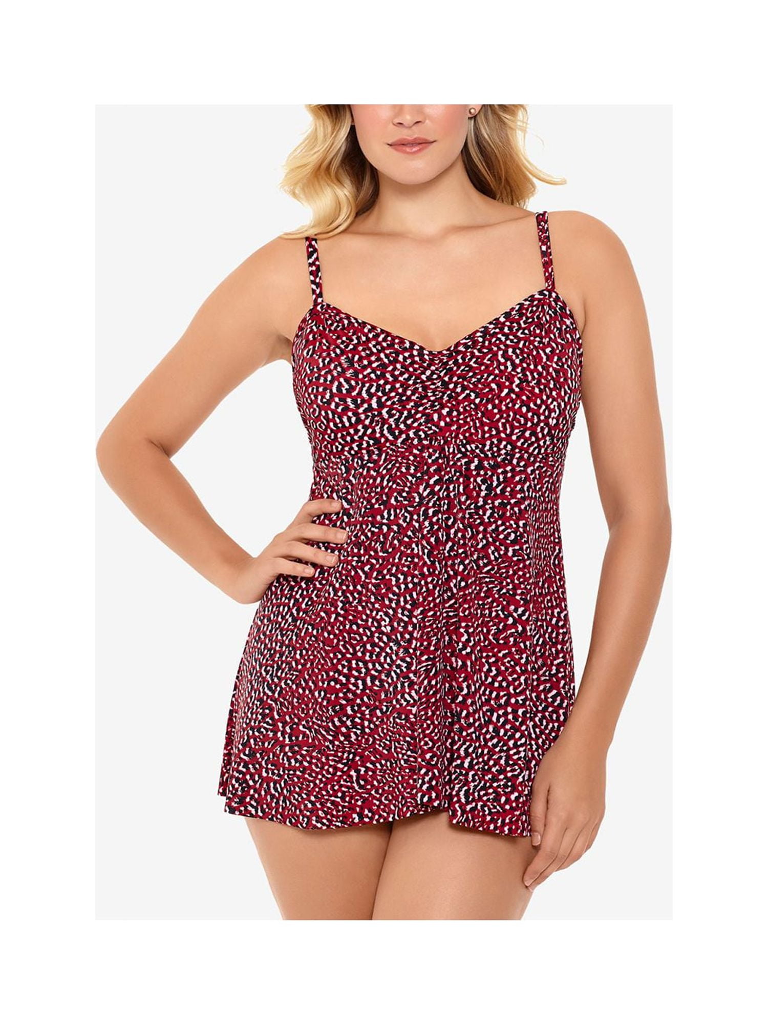 Swim Solutions Womens Red Printed Stretch Tummy Control Flyaway Fixed
