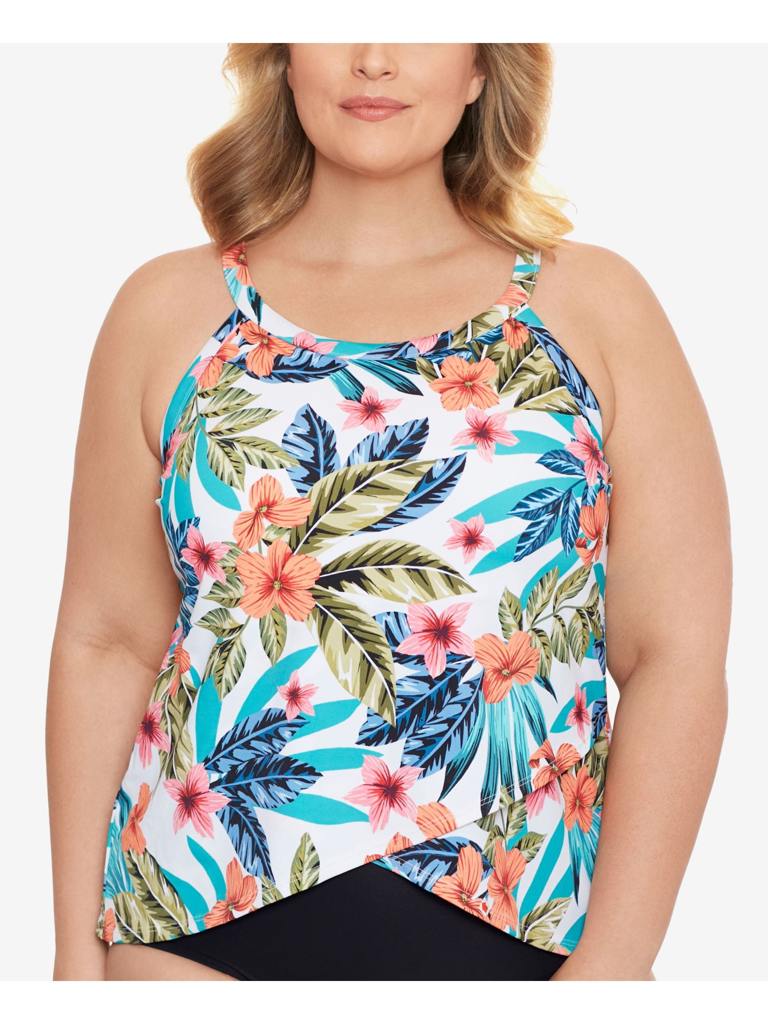 SWIM SOLUTIONS Women's White Tropical Print Stretch Adjustable Montego ...