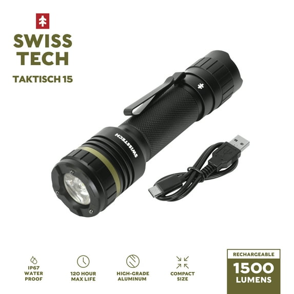 Swiss Tech 1500 Lumens Rechargeable Tactical LED Flashlight, Aluminum ...