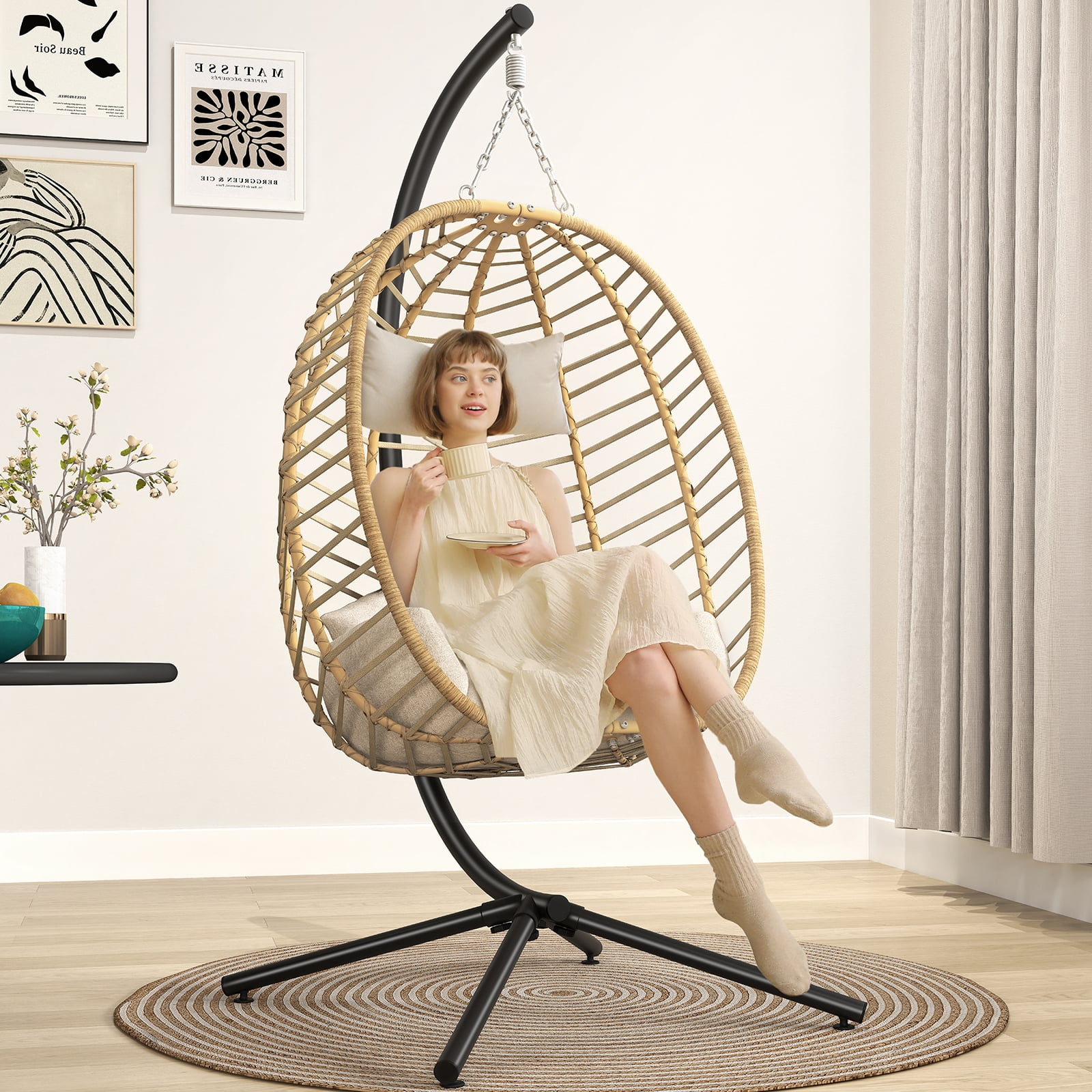 SWITTE Egg Chair with Stand , PE Wicker Hanging Outdoor Egg Chair with ...